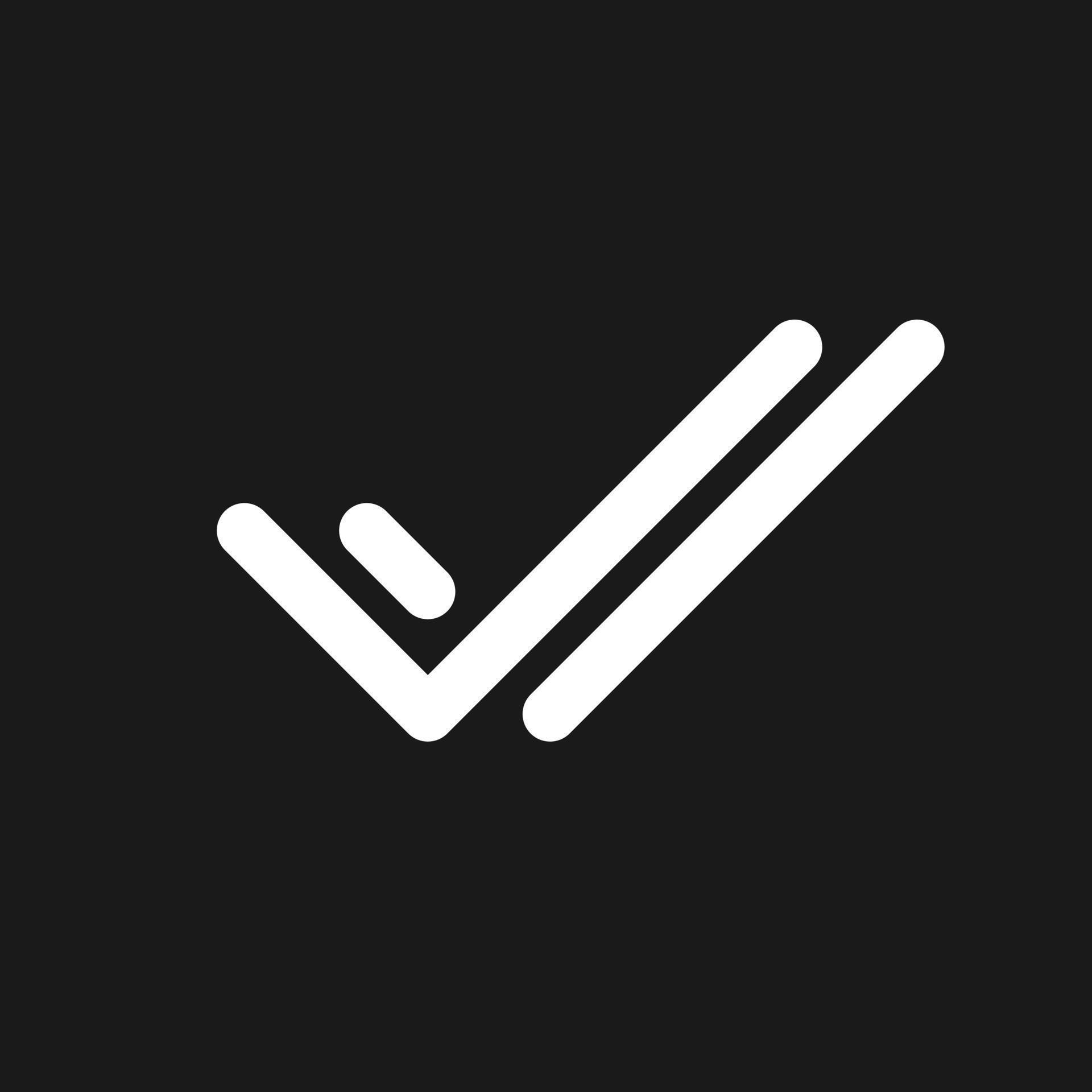Two checkmarks dark mode glyph ui icon. Simple filled line element. User interface design. White ...