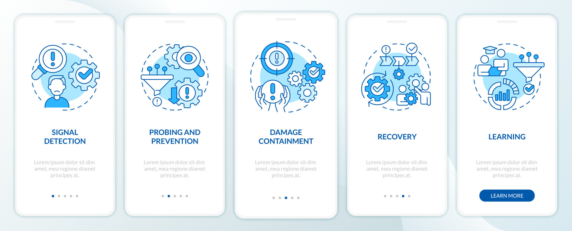 Model for crisis management blue onboarding mobile app screen. Walkthrough 5 steps editable ...