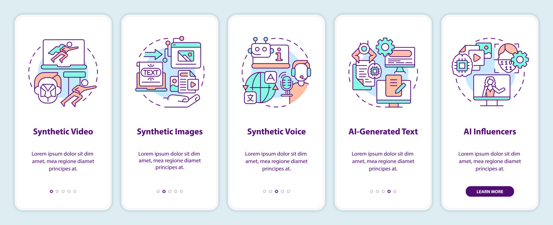 Synthetic Media Types Onboarding Mobile App Screen Vr Walkthrough 5 Steps Editable Graphic