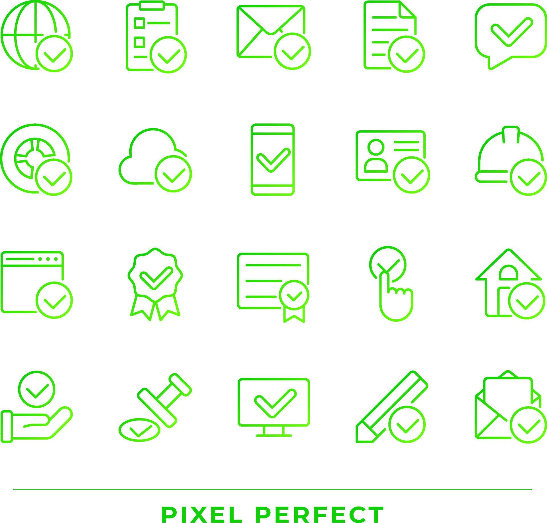 Checkmark pixel perfect gradient linear vector icons set. Information validation signs. Marks ...