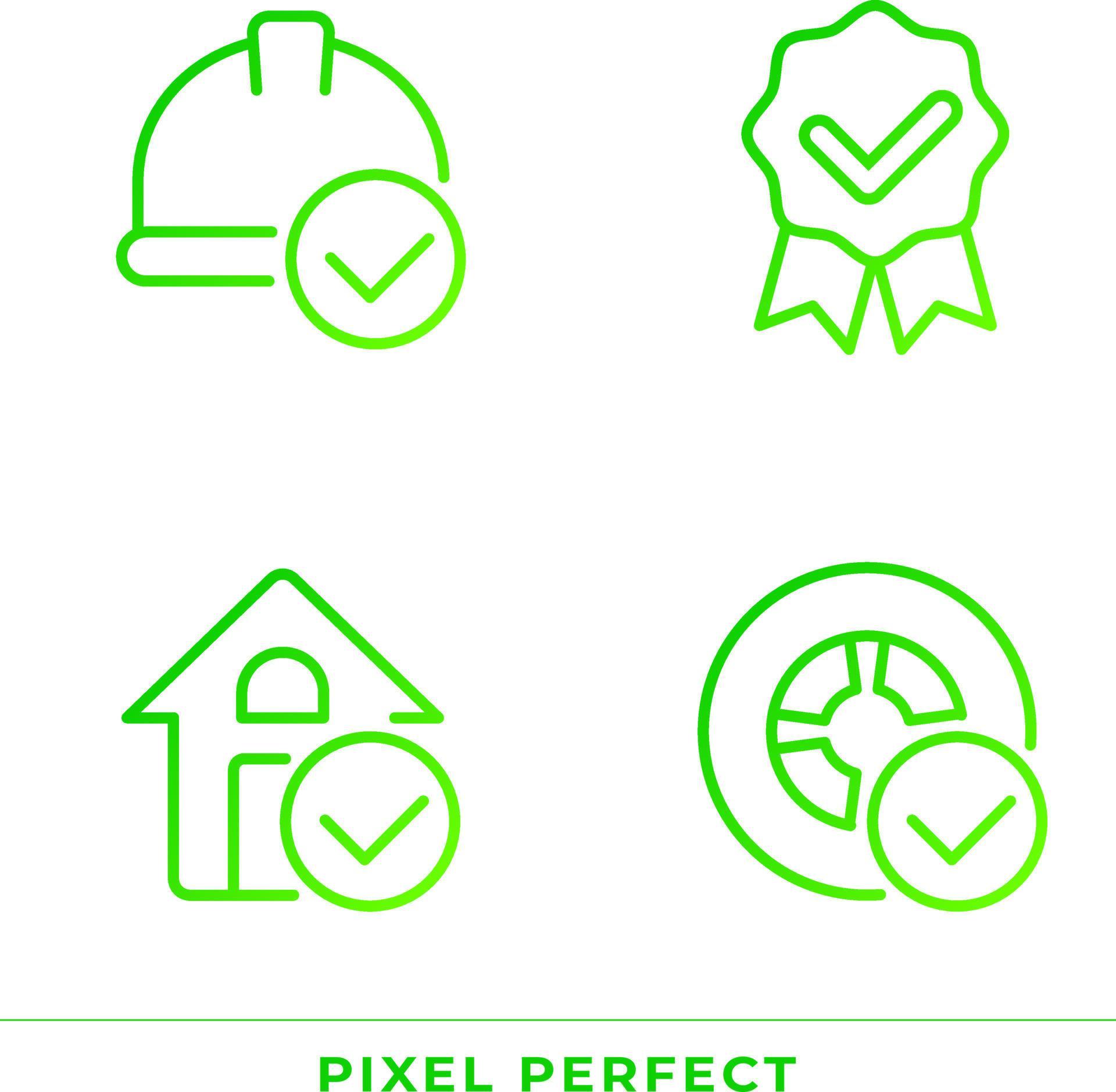 Achievements in industries pixel perfect gradient linear vector icons set. Work safety. Check ...