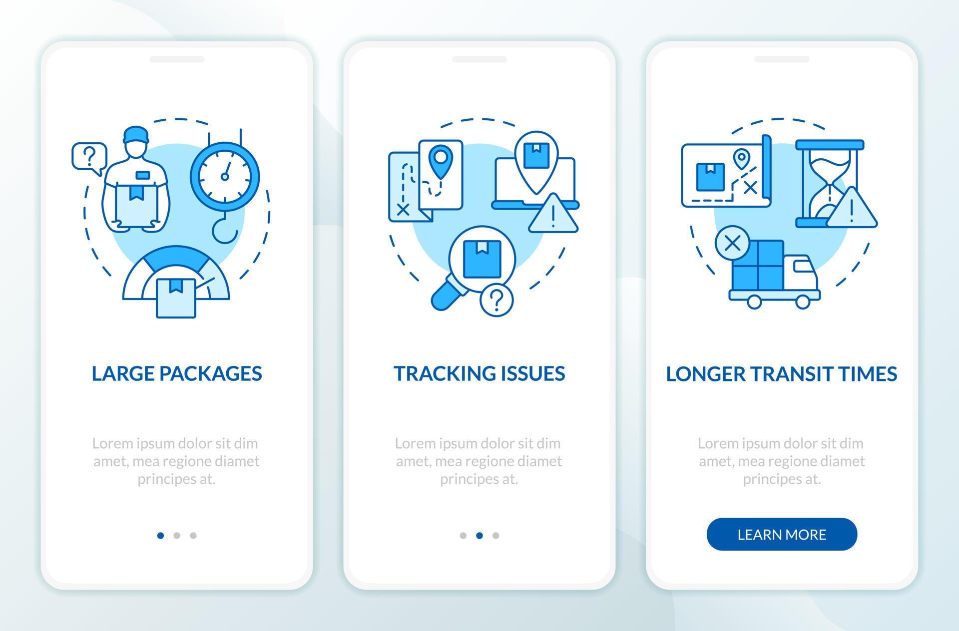 Traditional Post Office Drawbacks Blue Onboarding Mobile App Screen Walkthrough 3 Steps