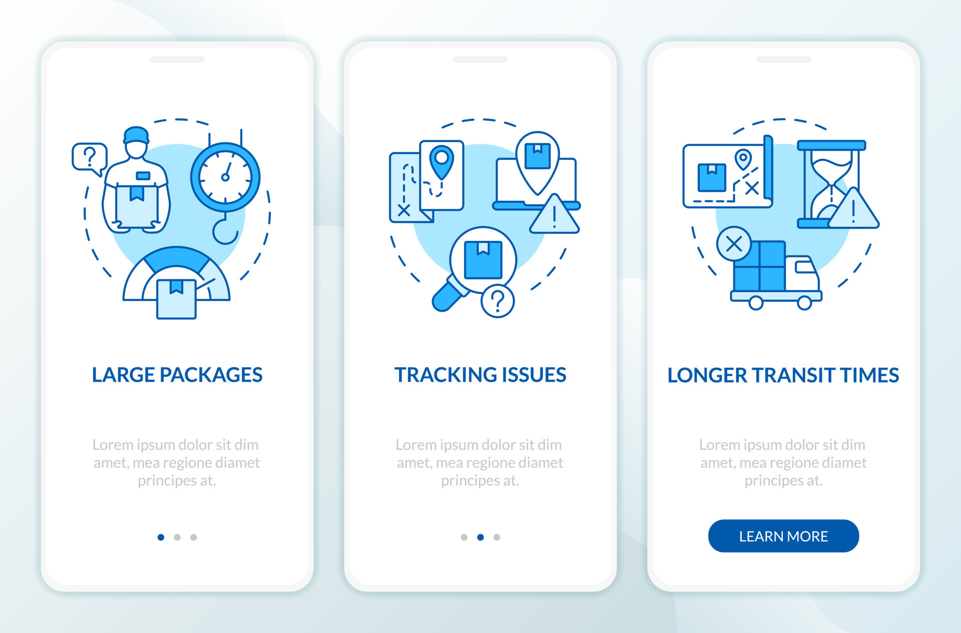 Traditional Post Office Drawbacks Blue Onboarding Mobile App Screen Walkthrough 3 Steps