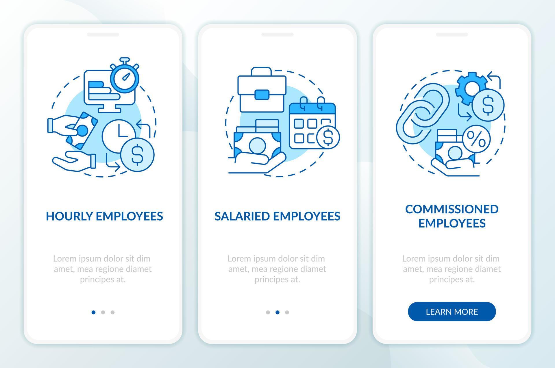 Payroll Processing Methods Blue Onboarding Mobile App Screen Wage Walkthrough 3 Steps Editable