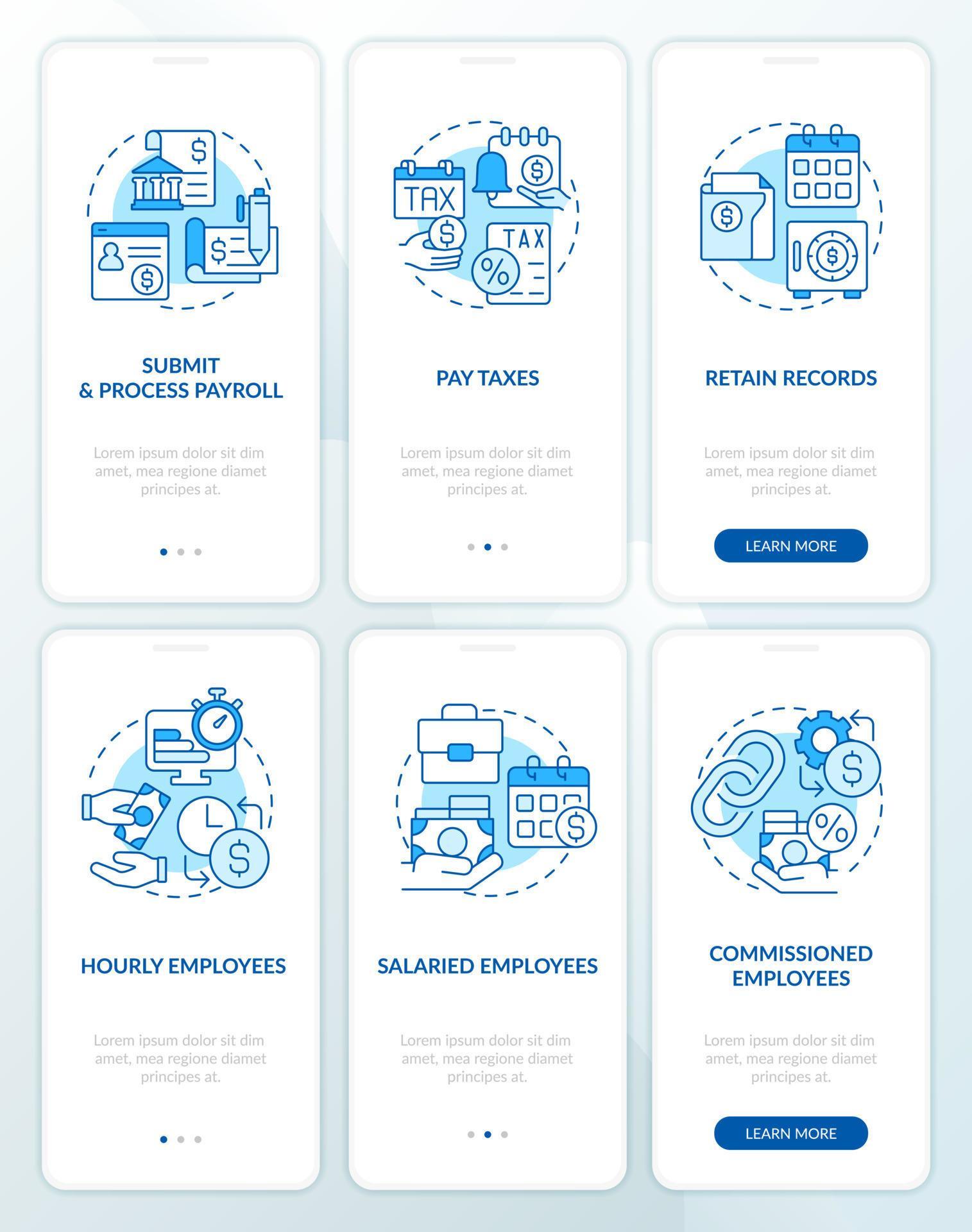 Payroll Processing Blue Onboarding Mobile App Screen Set Walkthrough 3 Steps Editable Graphic