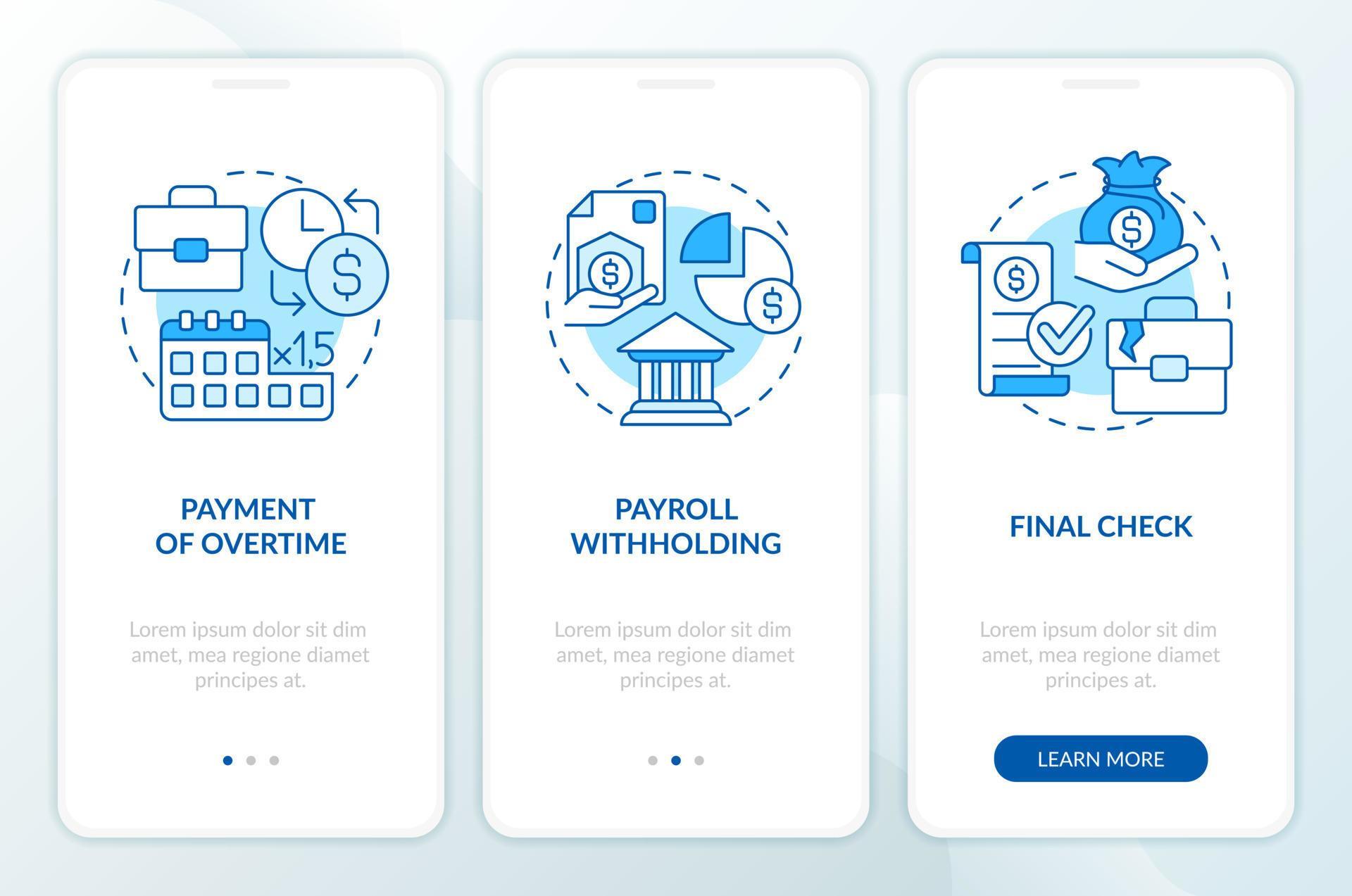 Employee Grievances On Wage Issues Blue Onboarding Mobile App Screen Walkthrough 3 Steps