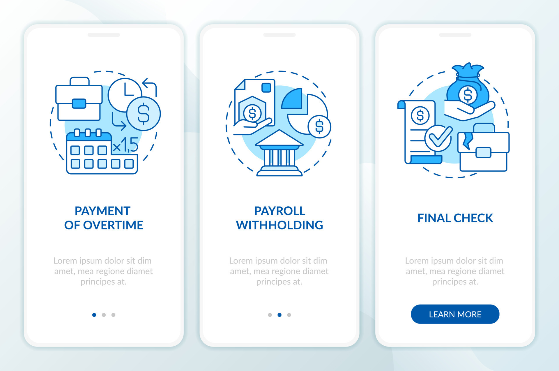 Employee Grievances On Wage Issues Blue Onboarding Mobile App Screen Walkthrough 3 Steps