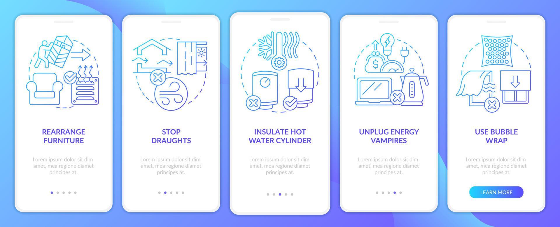 Reduce Energy Usage Tips Onboarding Blue Gradient Mobile App Screen Walkthrough 5 Steps Graphic