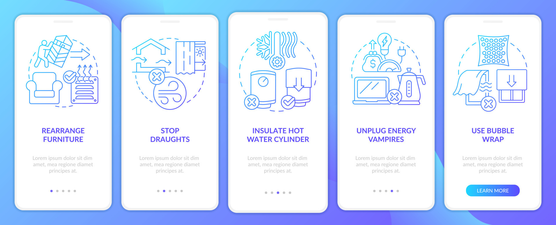 Reduce Energy Usage Tips Onboarding Blue Gradient Mobile App Screen Walkthrough 5 Steps Graphic