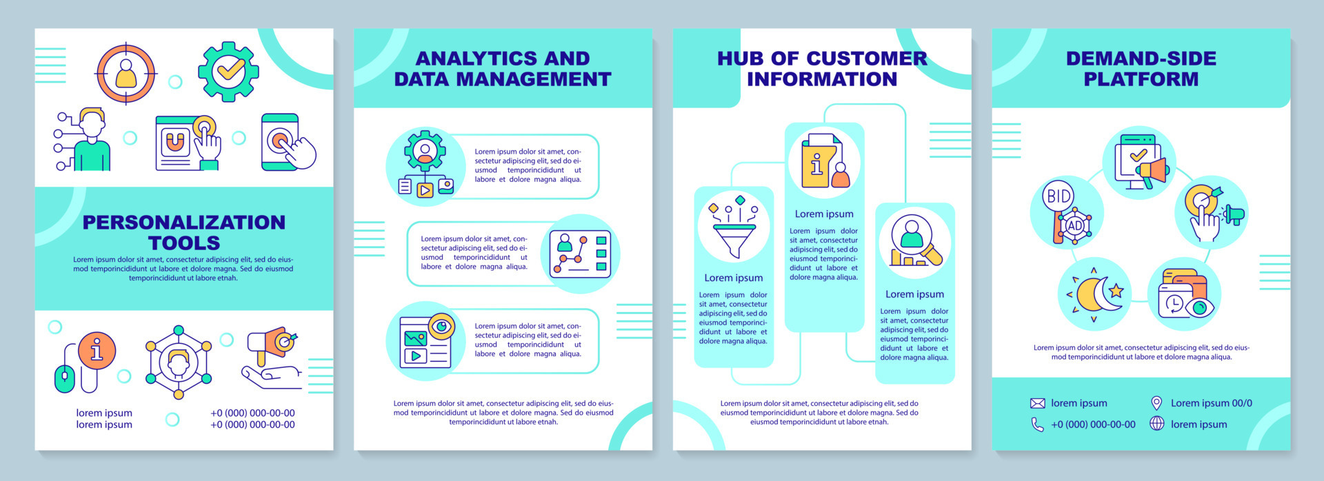 Personalization Marketing Tools Turquoise Brochure Template Leaflet Design With Linear Icons