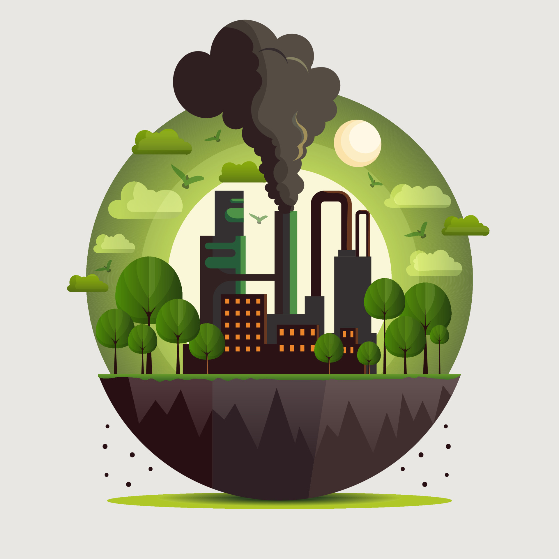 Factory And Trees On Half Earth Globe Background And Sun. Ecosystem And ...