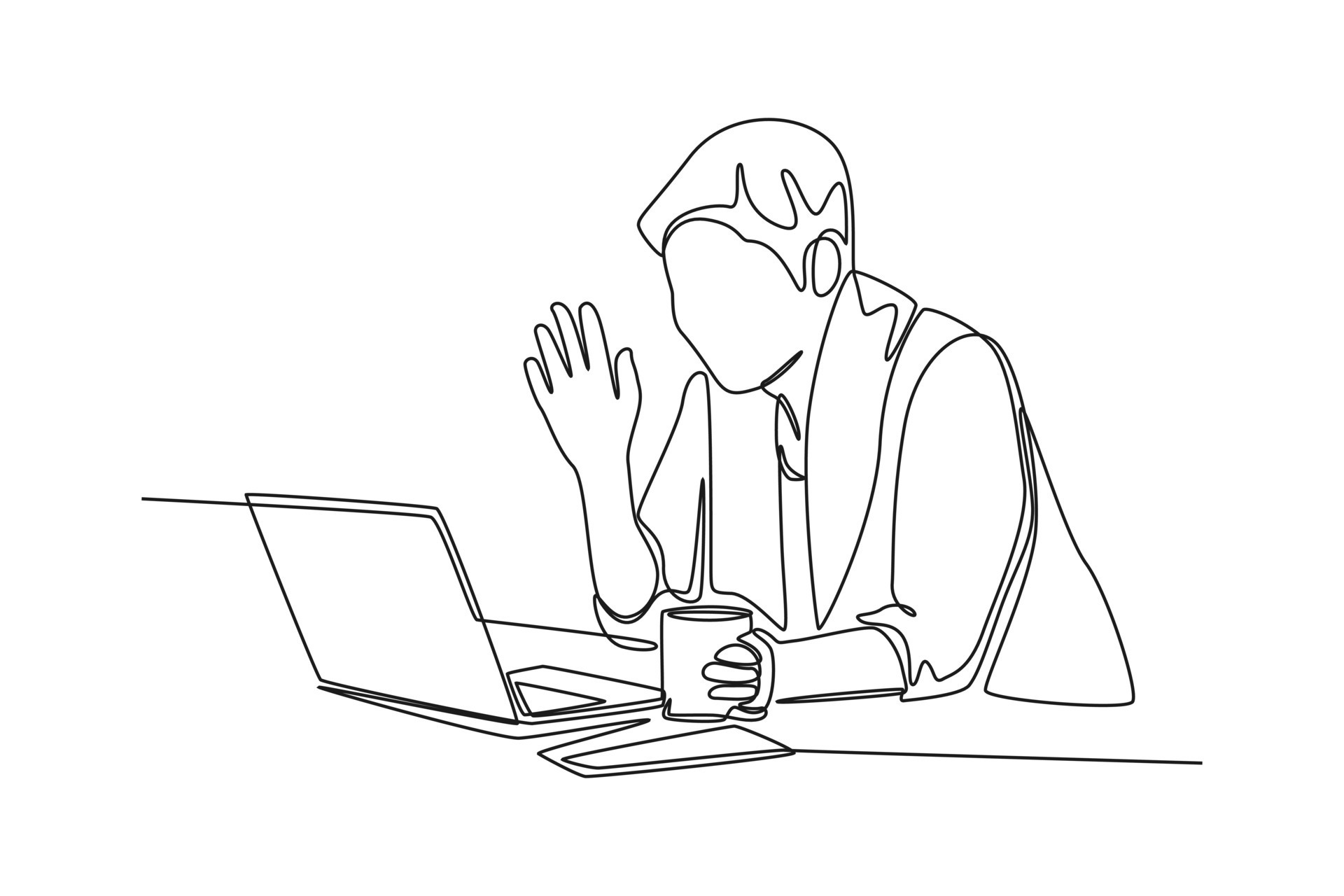 Single one line drawing happy people calling video on laptop. Social ...