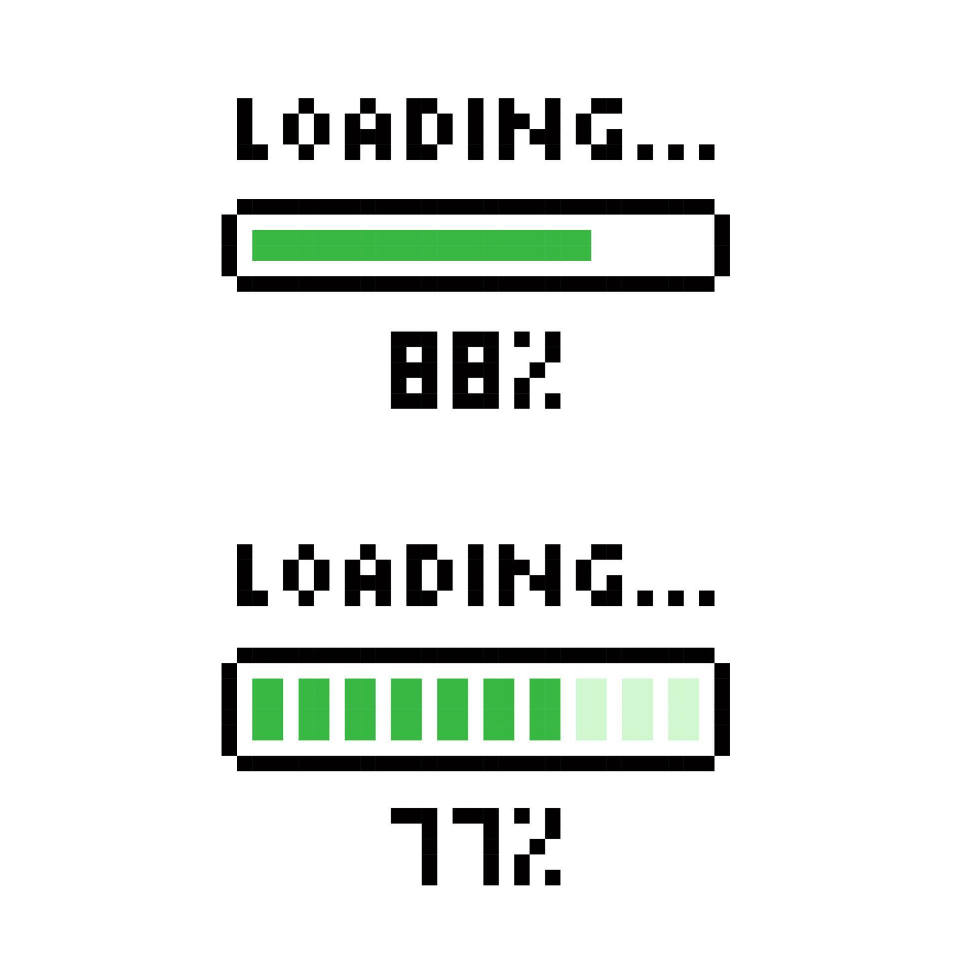 Loading icon in pixel art style, load bar 88 percent, 77 percent, downloading, loading or ...
