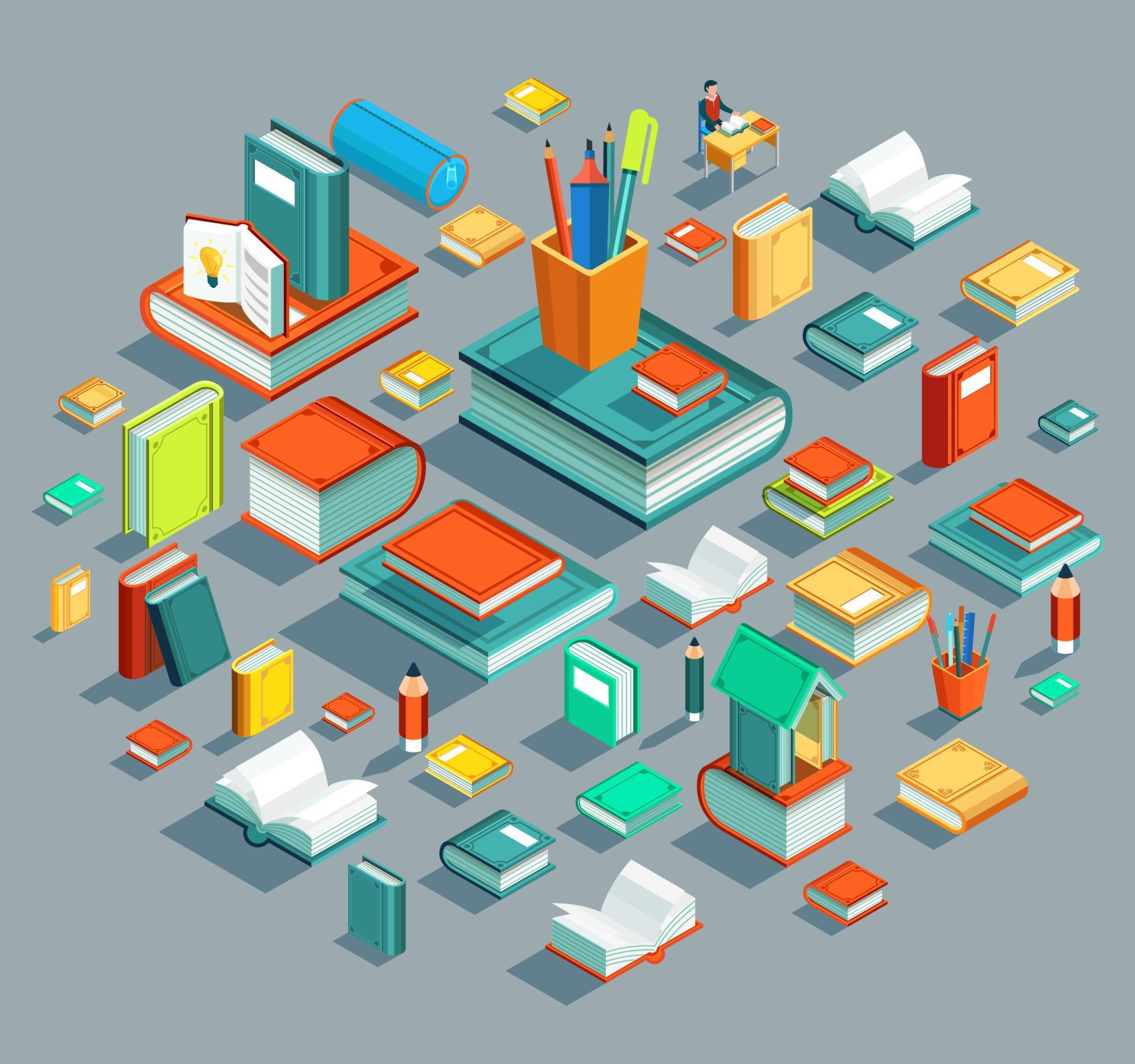 Education Isometric flat design. The concept of learning and reading ...