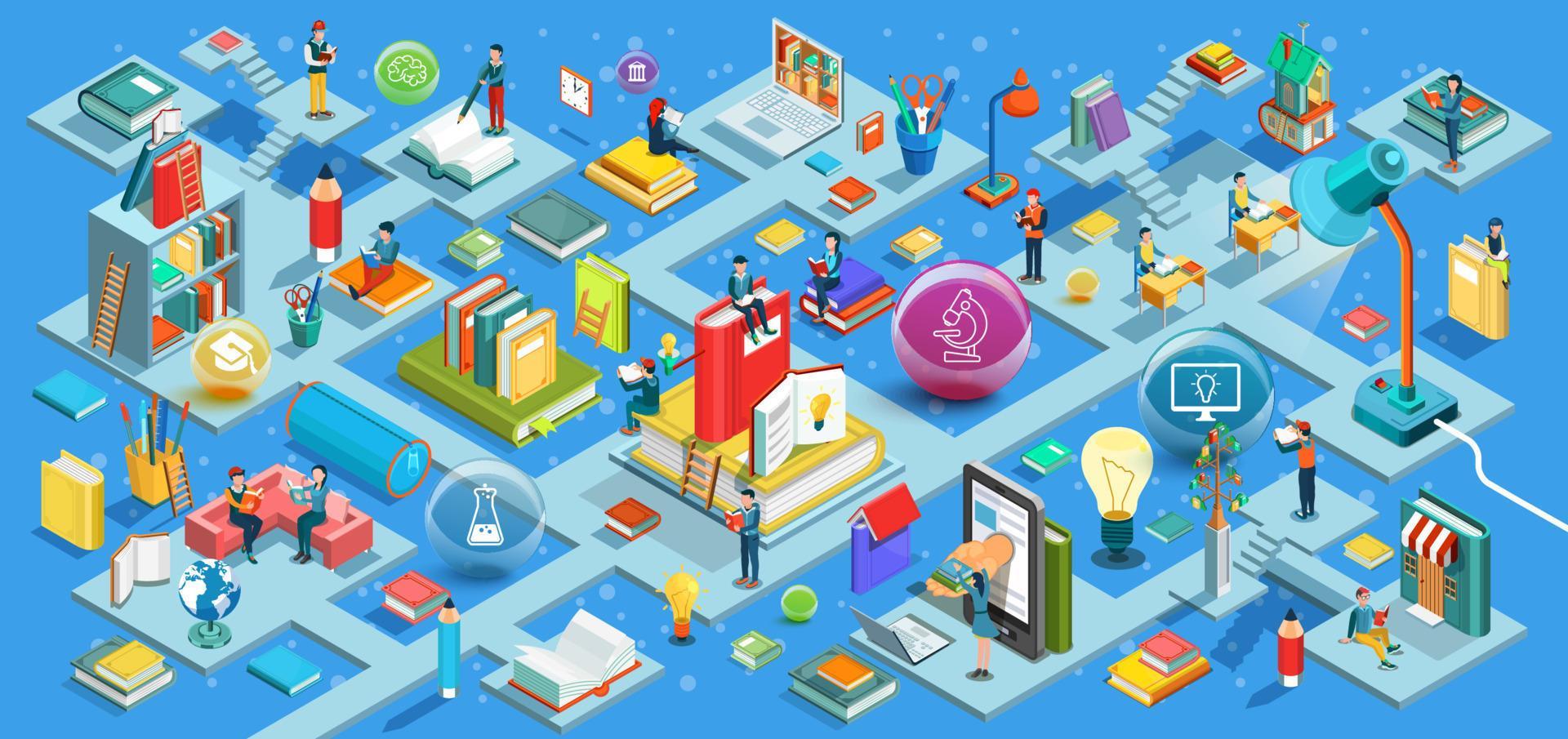 Education Isometric flat design. The concept of learning and reading ...