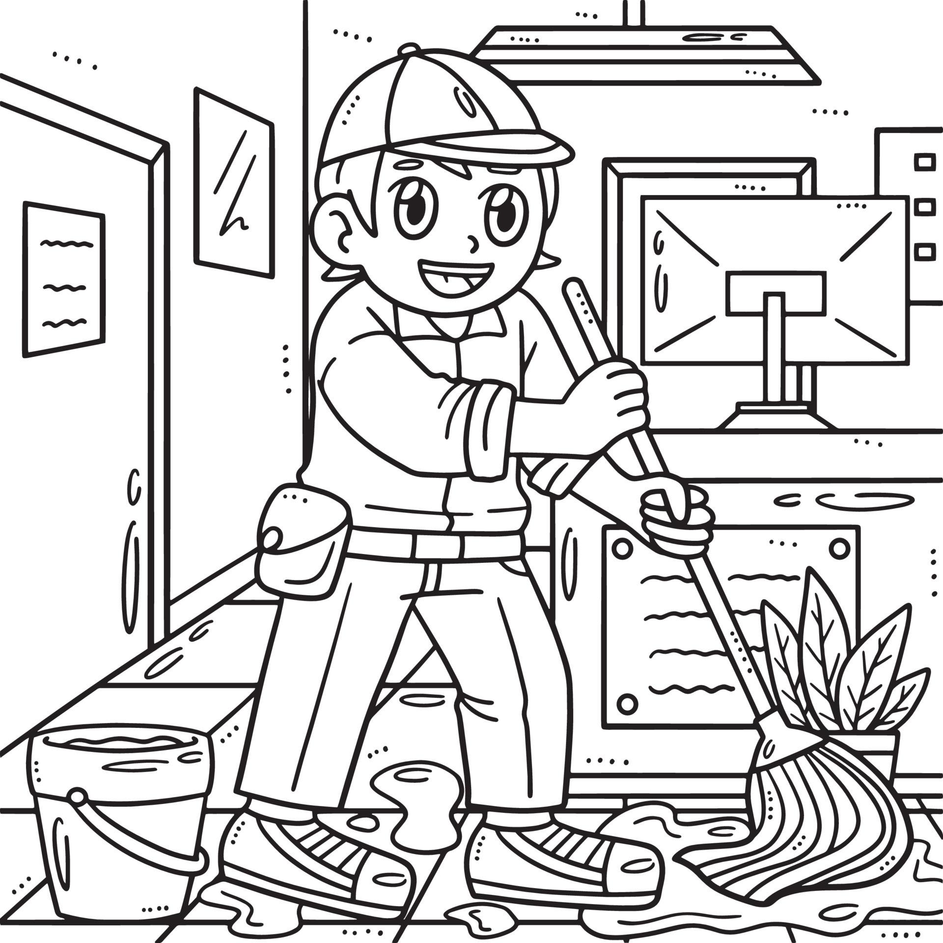 Labor Día Portero Limpieza Colorante Página Para Niños 23105525 Vector En Vecteezy