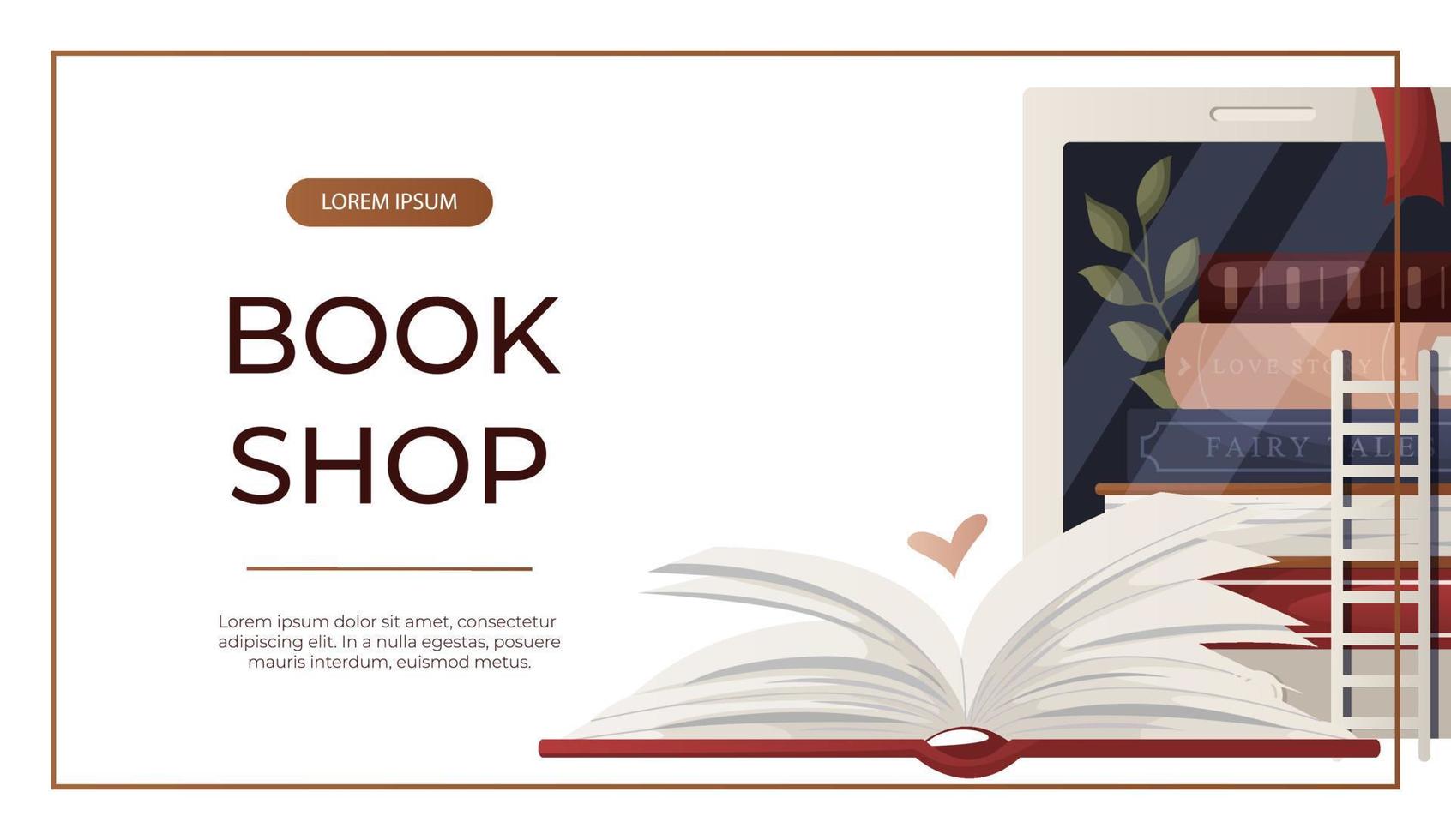 Promo banner with reading open huge book with heart, electronic ebook reader. Tablet digital ...