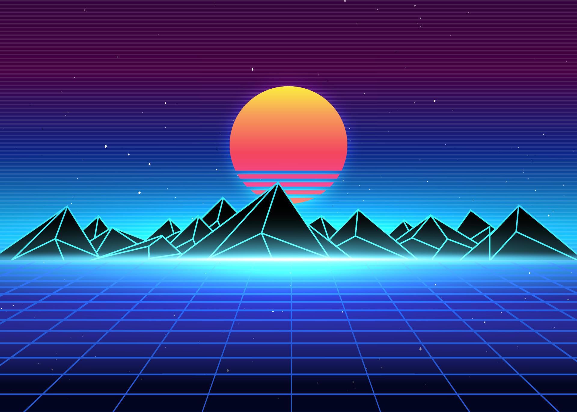 Retro landscape skyline with neon ,ray of light, grid, sunset and mountains. Sci-fi, futuristic ...