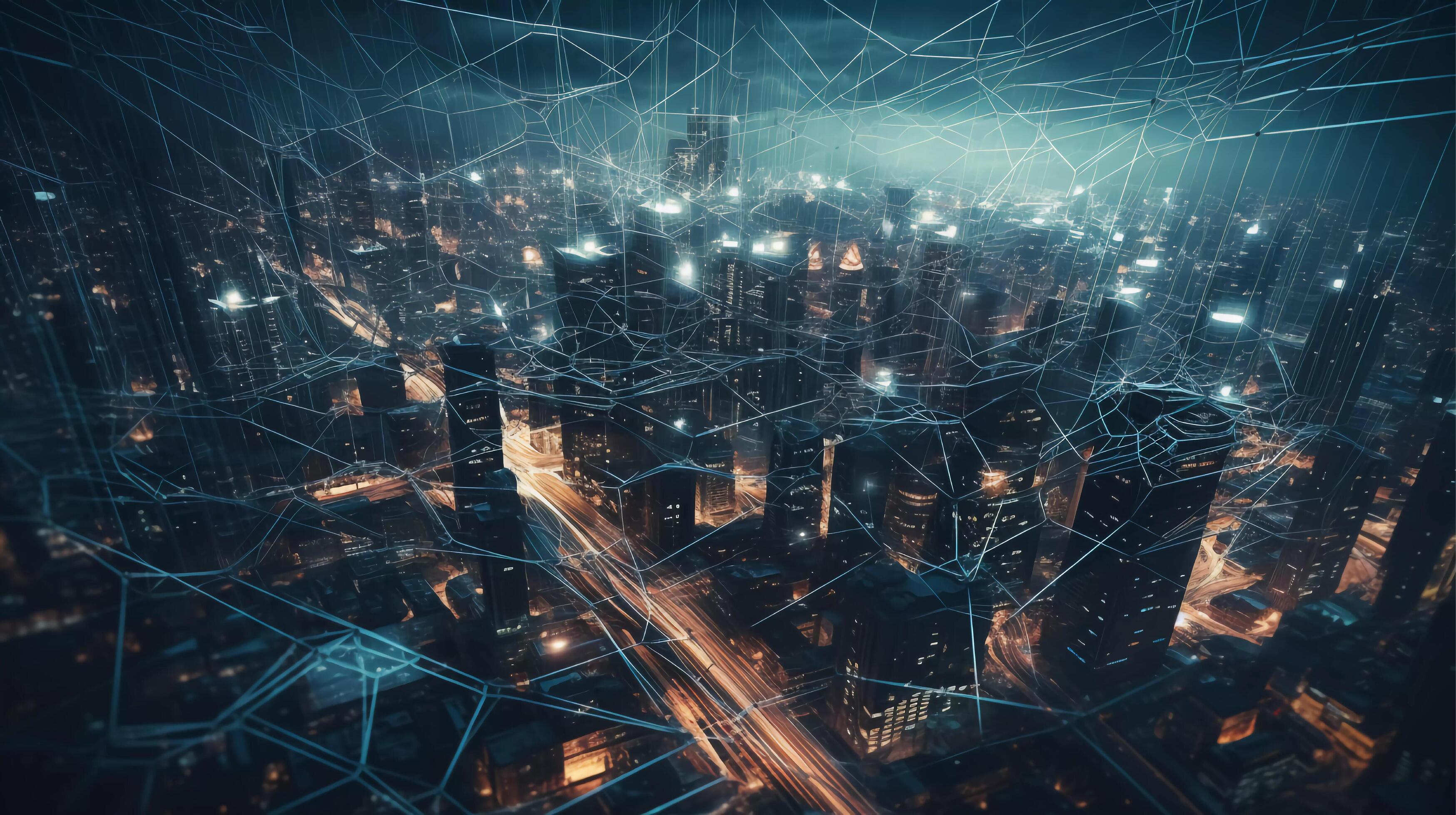 Modern Futuristic Network Hub, interconnected devices and data streams during the twilight hour ...