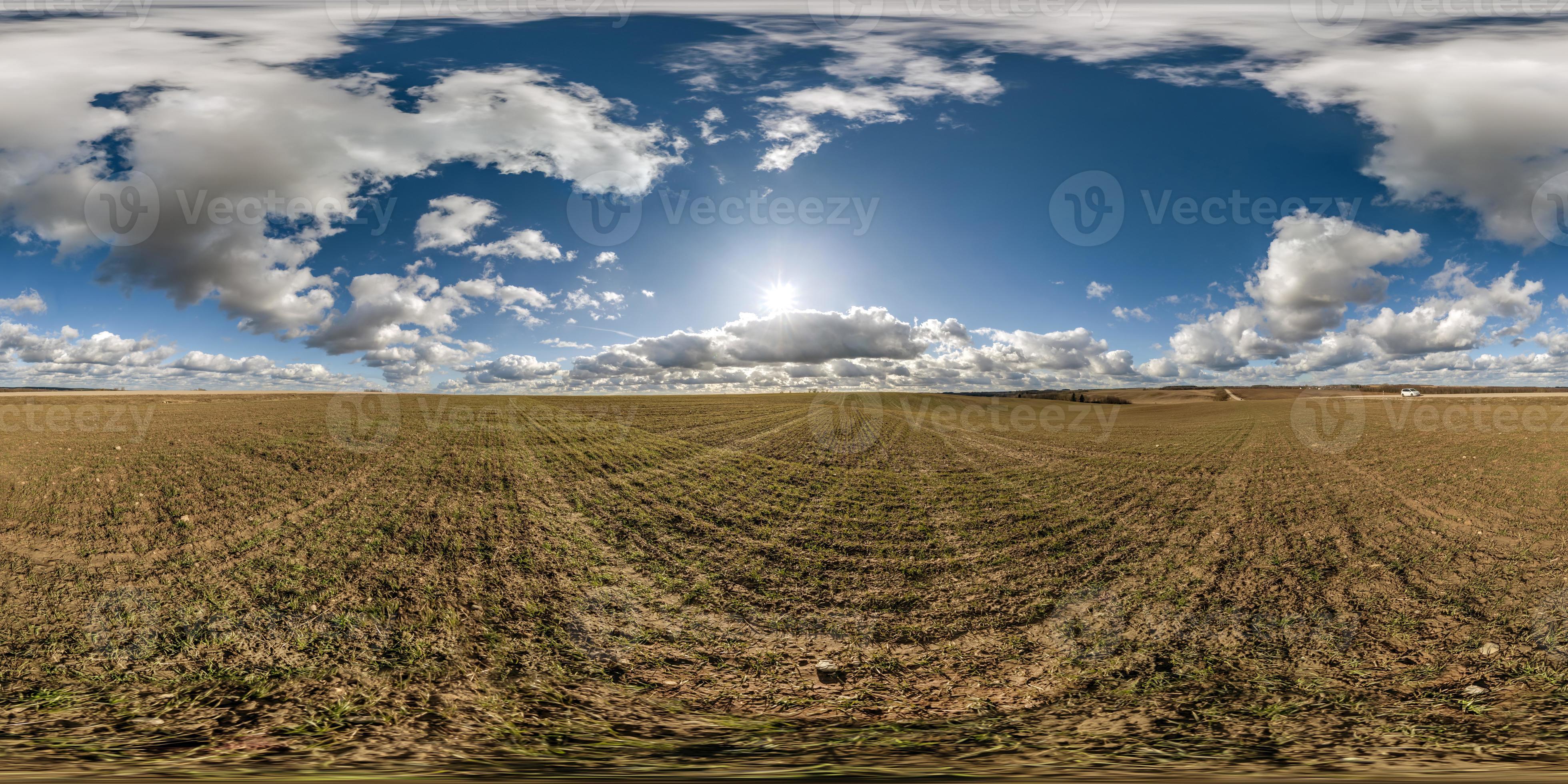 spherical 360 hdri panorama among farming field with clouds on blue sky in equirectangular ...