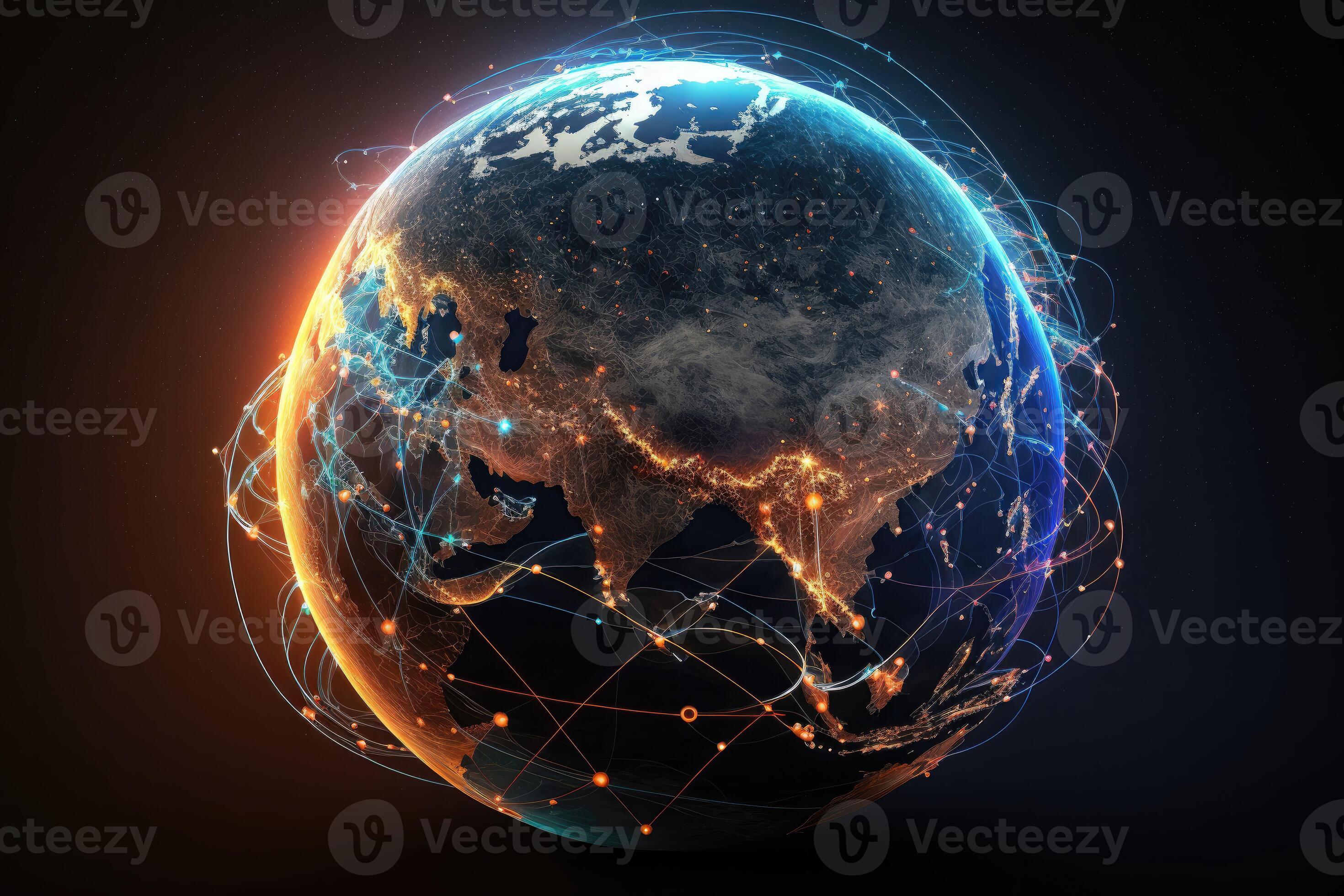 Global international connectivity background 3D illustration. Connection lines around earth ...