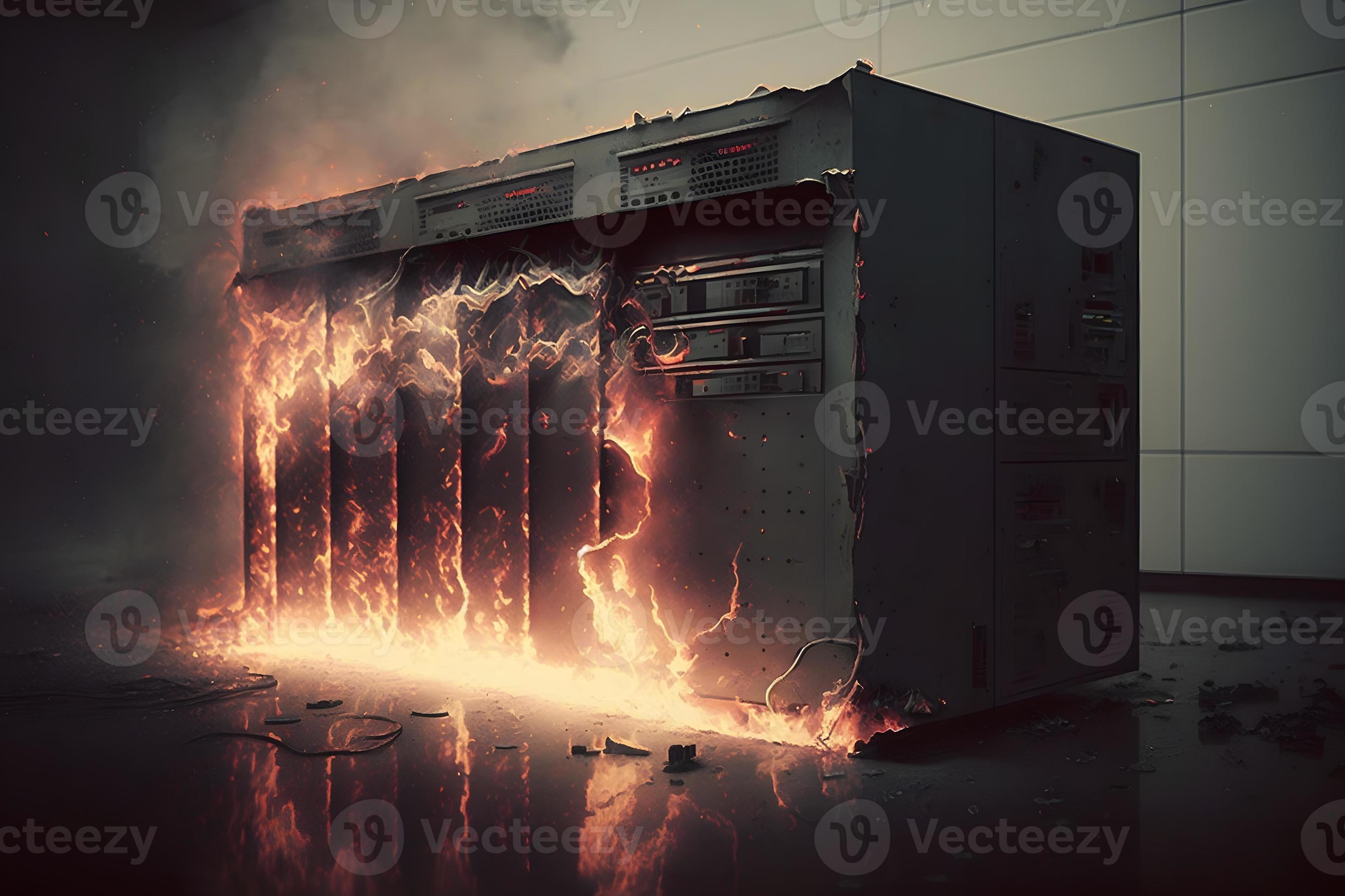 Disaster in server room or data center storage room on fire burning. Neural network generated ...