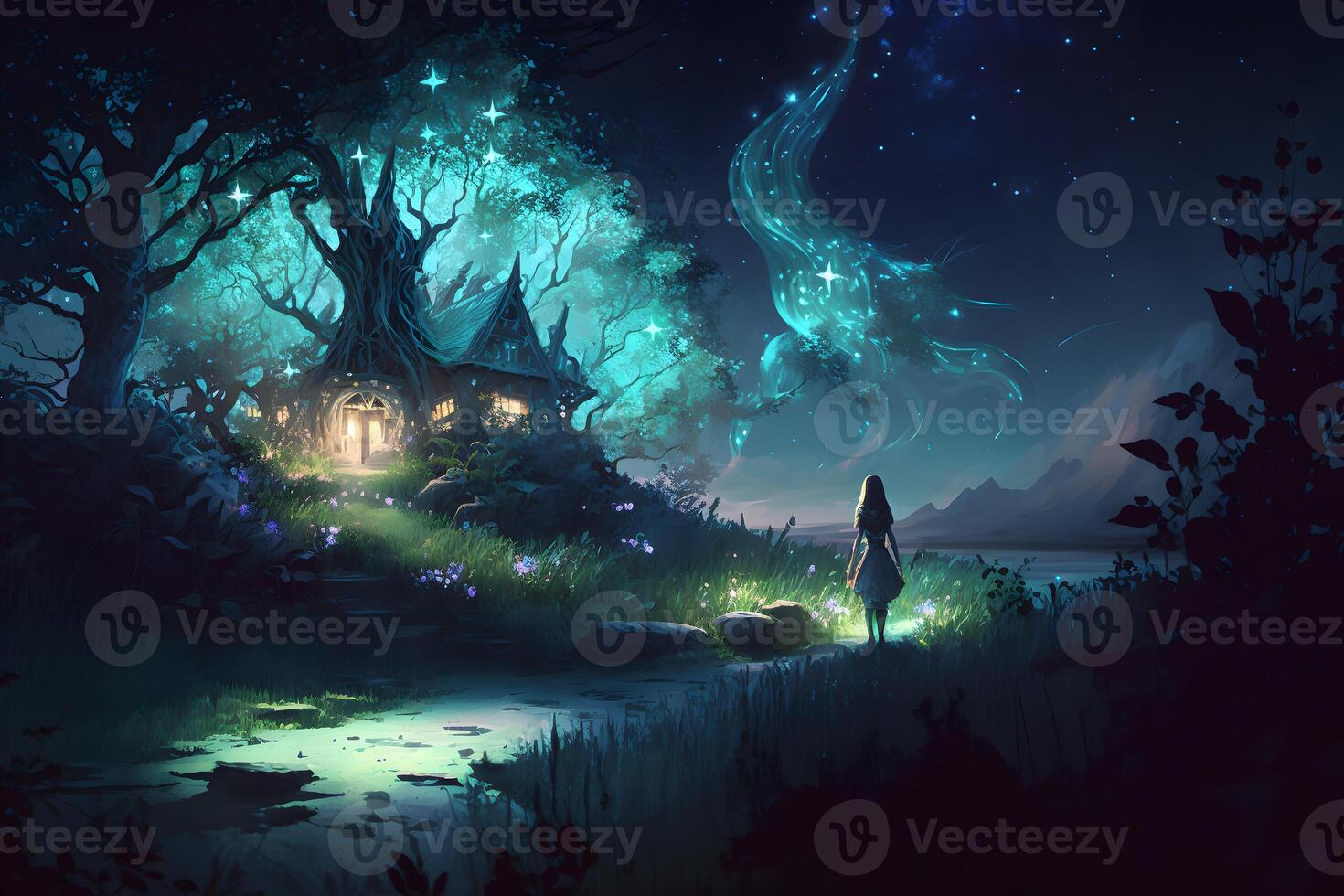 Magic fairy tale night fantasy landscape with girl silhouette. Neural ...