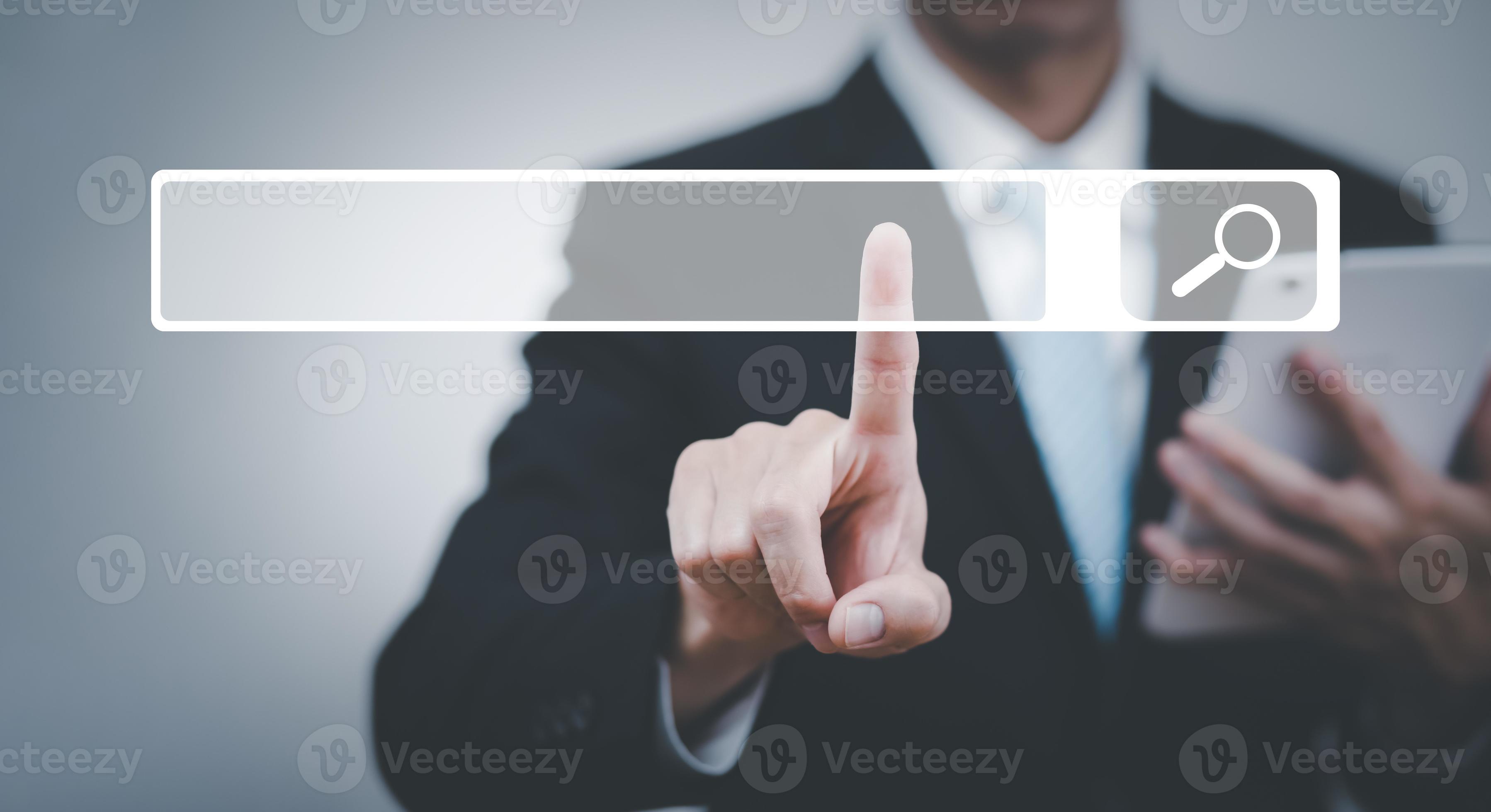 Searching Browsing Internet Data Information with blank search bar. man's hands are using a ...