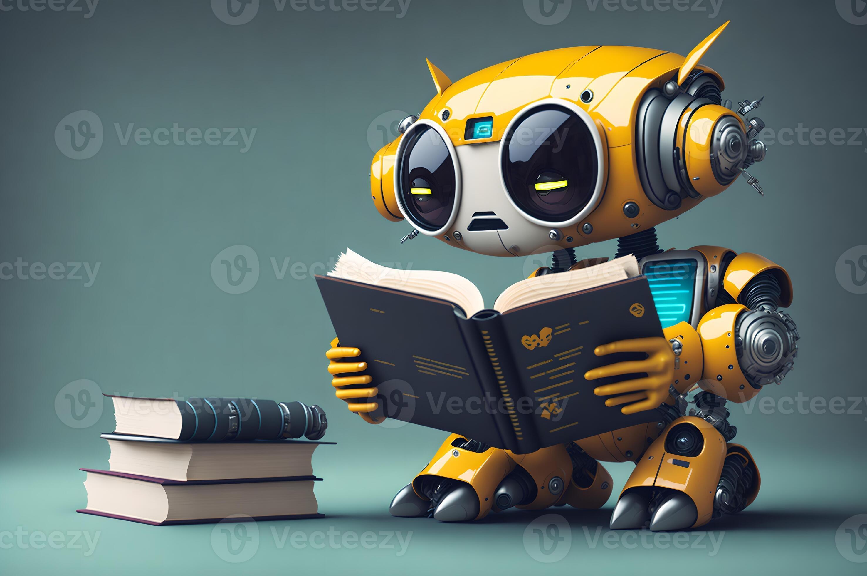 3d yellow robot reading a book, studying concept, robot education ... 3d yellow robot reading a book, studying concept, robot education ...
