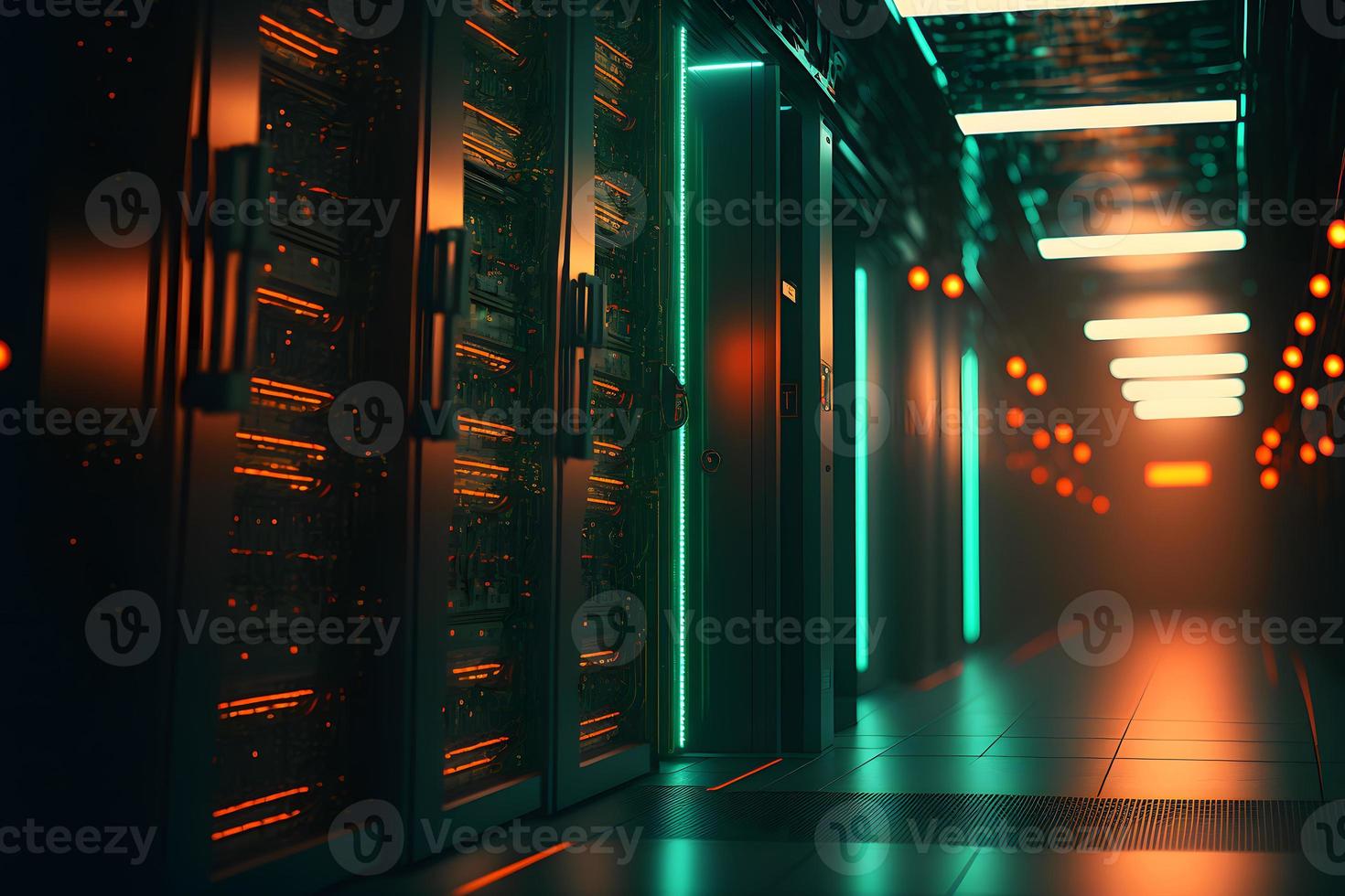 Server racks in computer network security server room data center. Neural network generated art ...