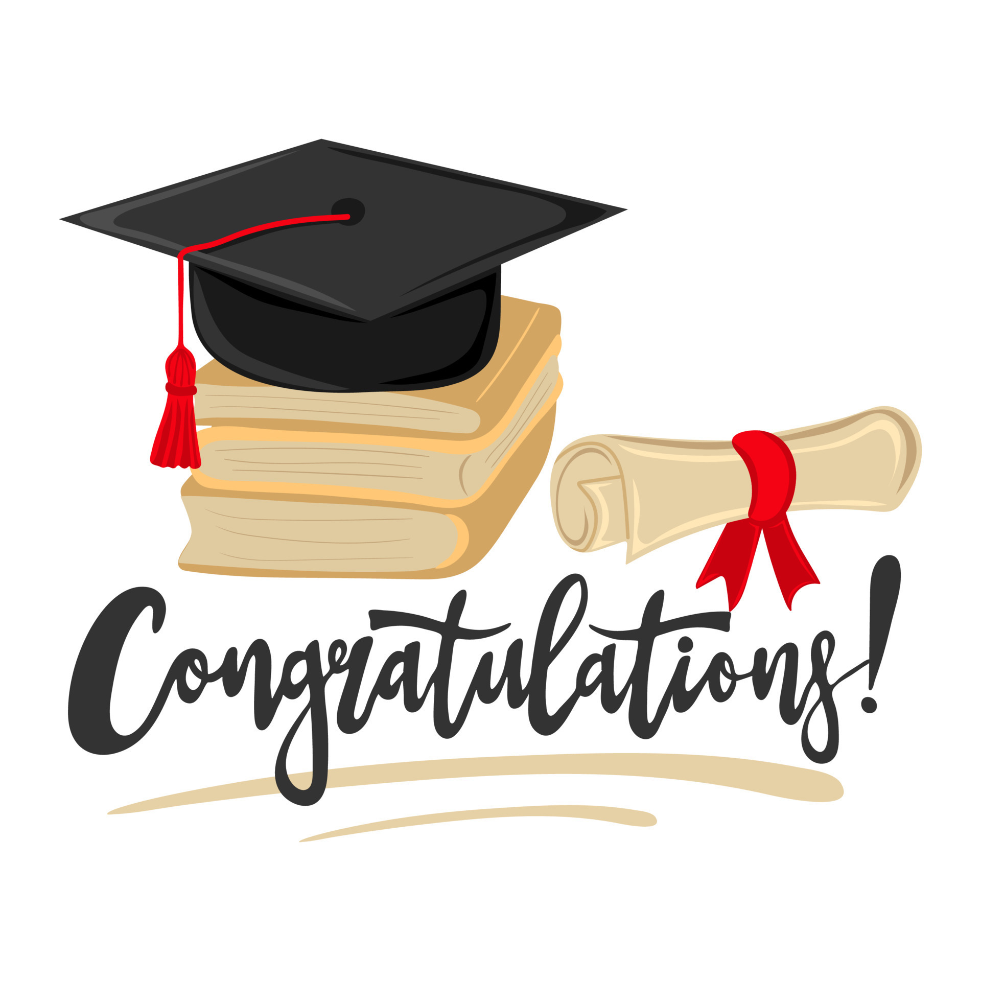 Congratulations Handwritten Text With Graduation Cap Books And Scroll Of Diploma 23136401