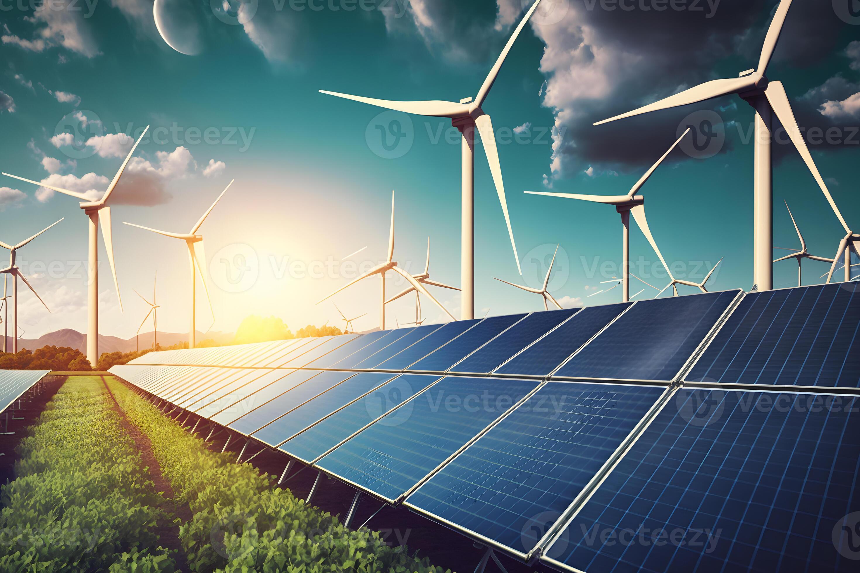 Wind Power And Solar Power Panels At Sunset Neural Network 23136500