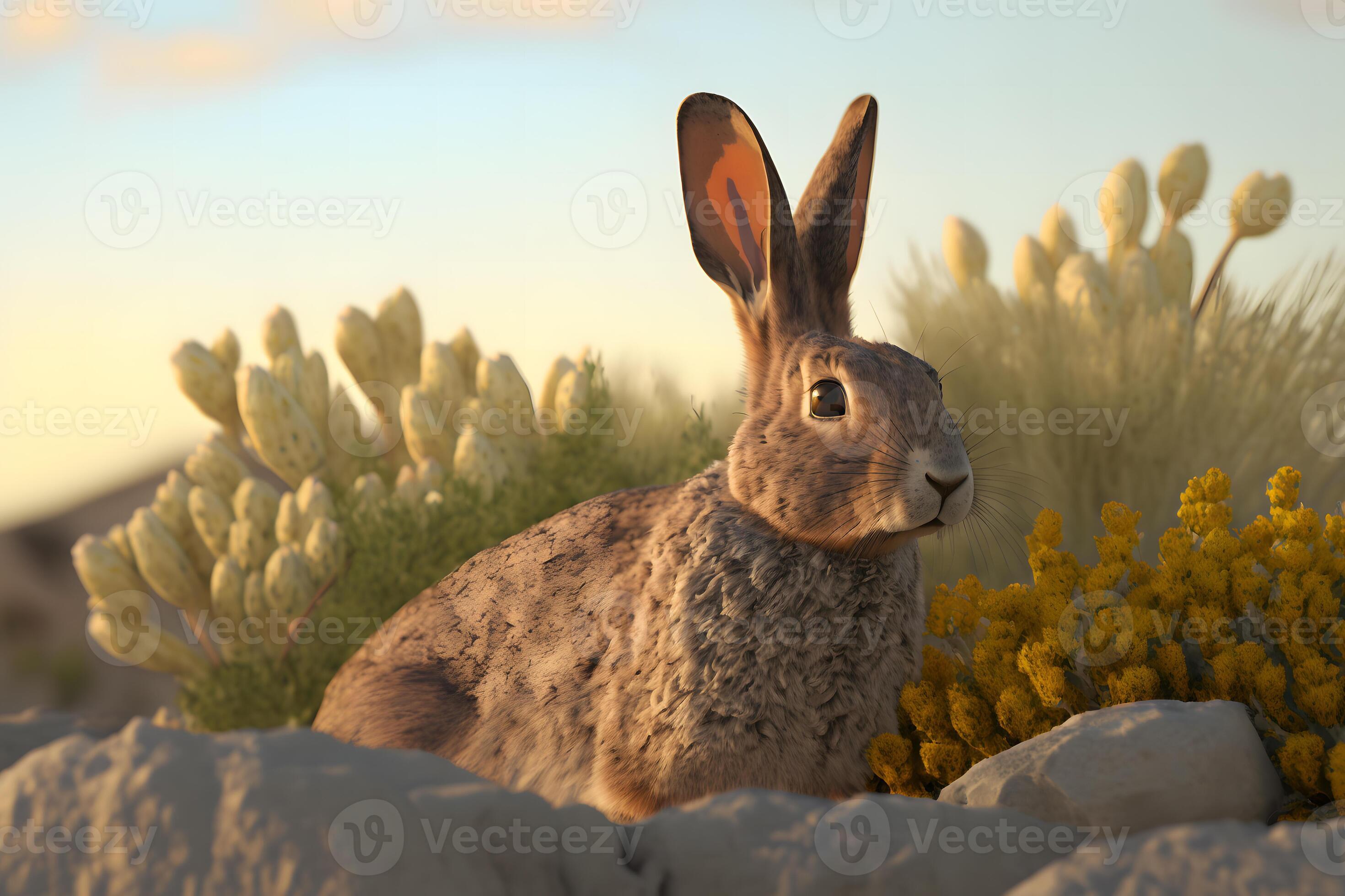 Cute brown hare, lepus europaeus, jumping closer on grass in spring nature. Young brown rabbit ...