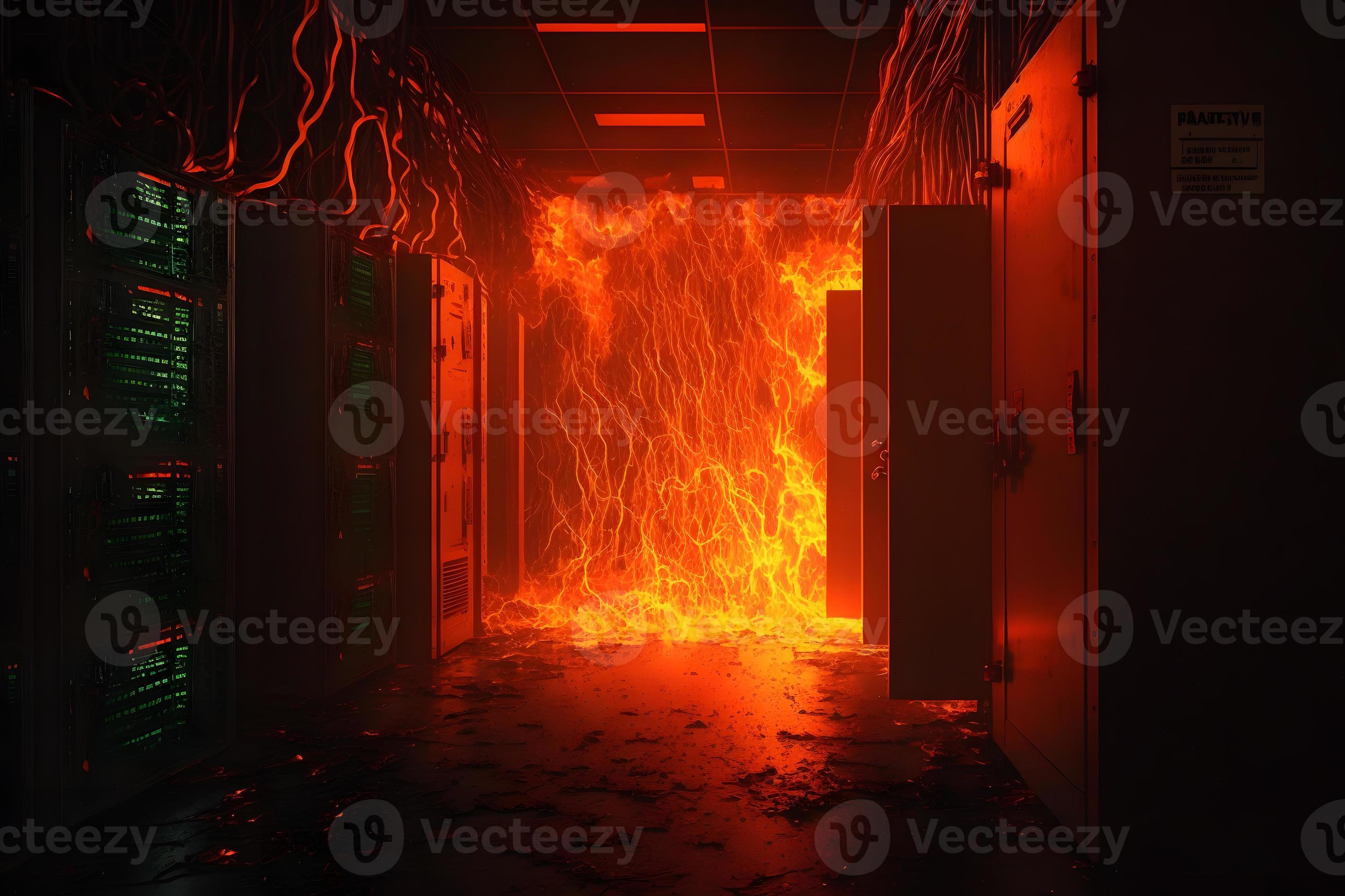 Disaster in server room or data center storage room on fire burning. Neural network generated ...