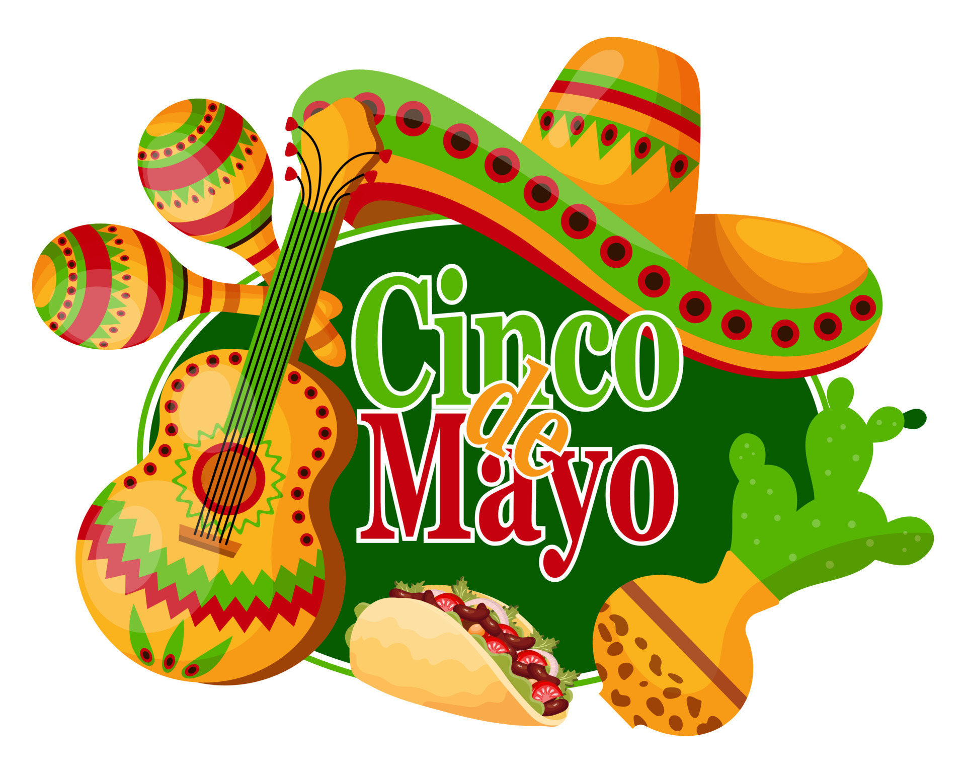 Colorful Cinco de Mayo banner with Mexico symbols, tacos, guitar ...