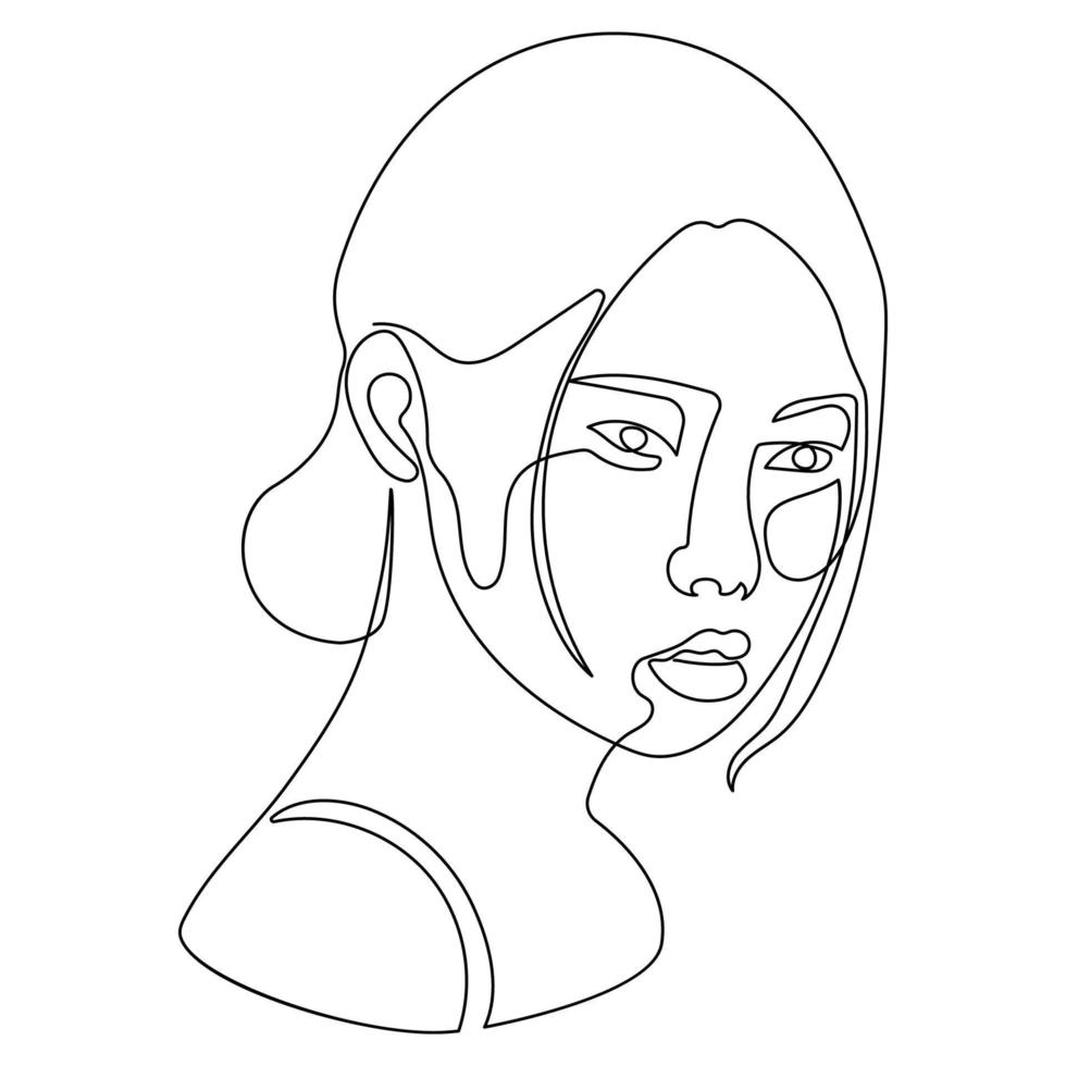 Asian Woman Face Isolated Sketch Portrait Or Avatar Outline Art Vector