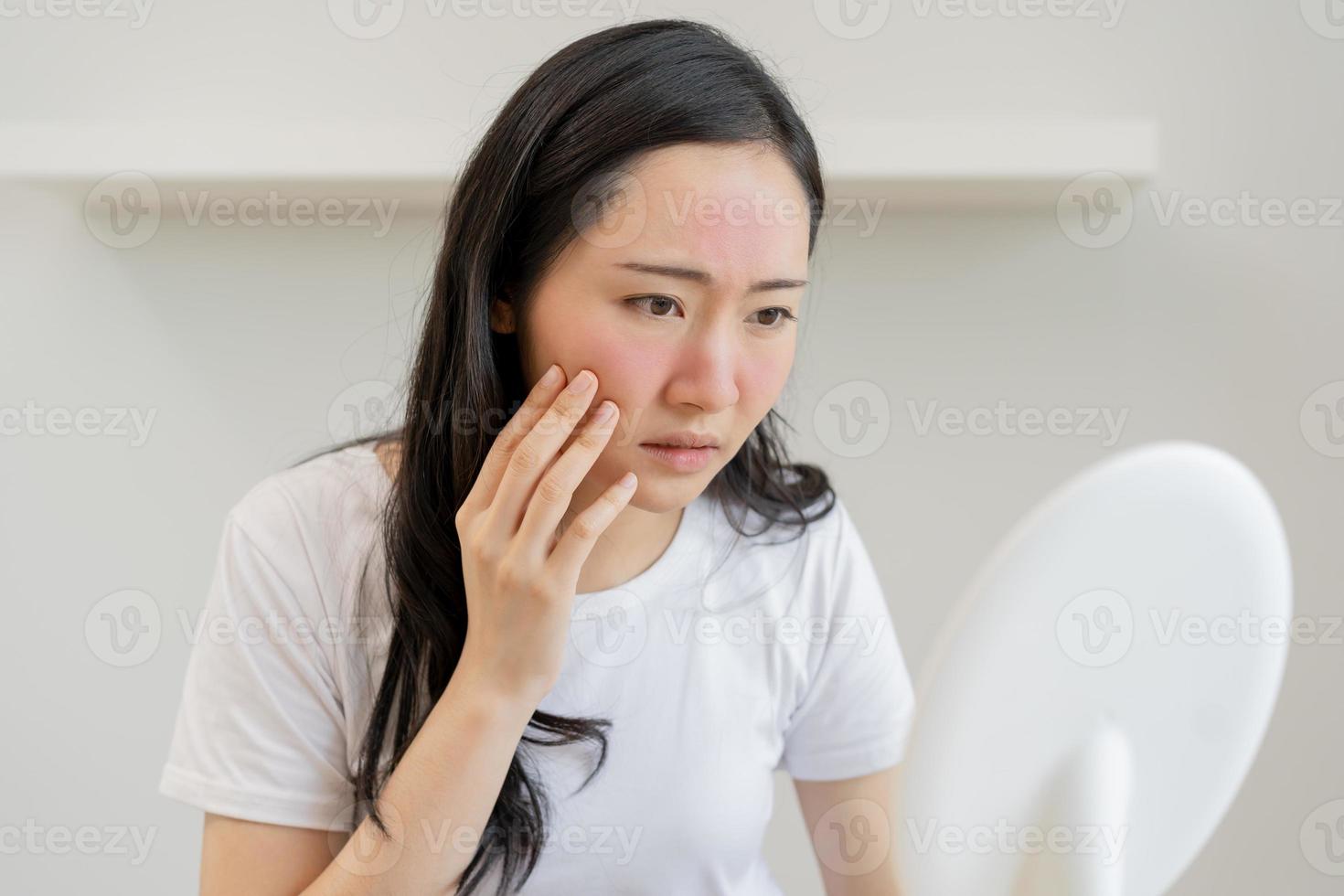 Dermatology Puberty Asian Young Woman Girl Looking Into Mirror