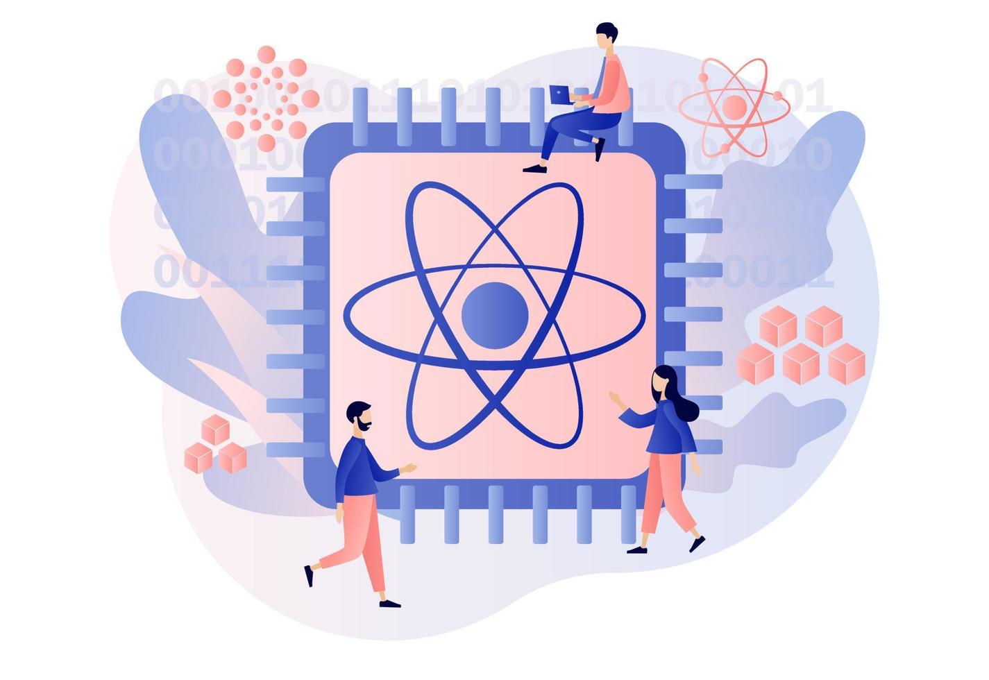 Quantum computing concept. Tiny people engineers and scientists working ...