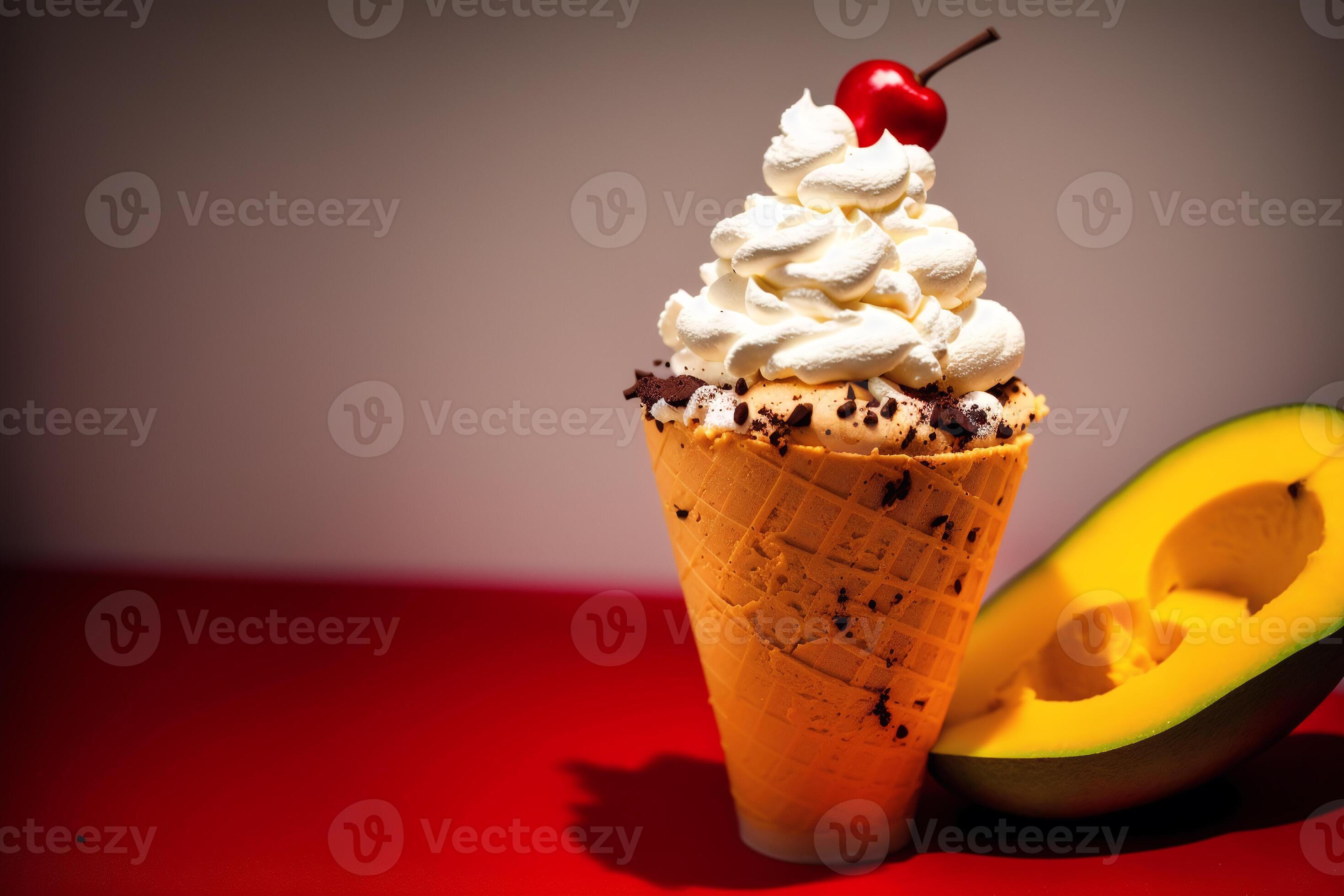 Delicious Ice Cream Cone With Chocolate And Whipped Cream On A Wooden Table Sweet Food