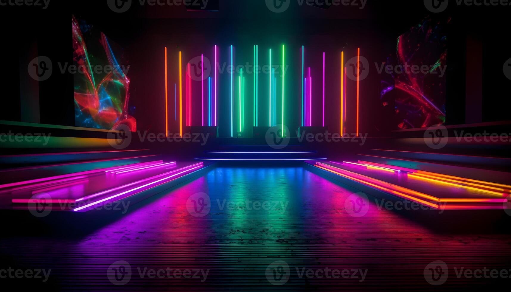 Futuristic Stage colorful neon lights stages room background and backdrop, empty podium for ...
