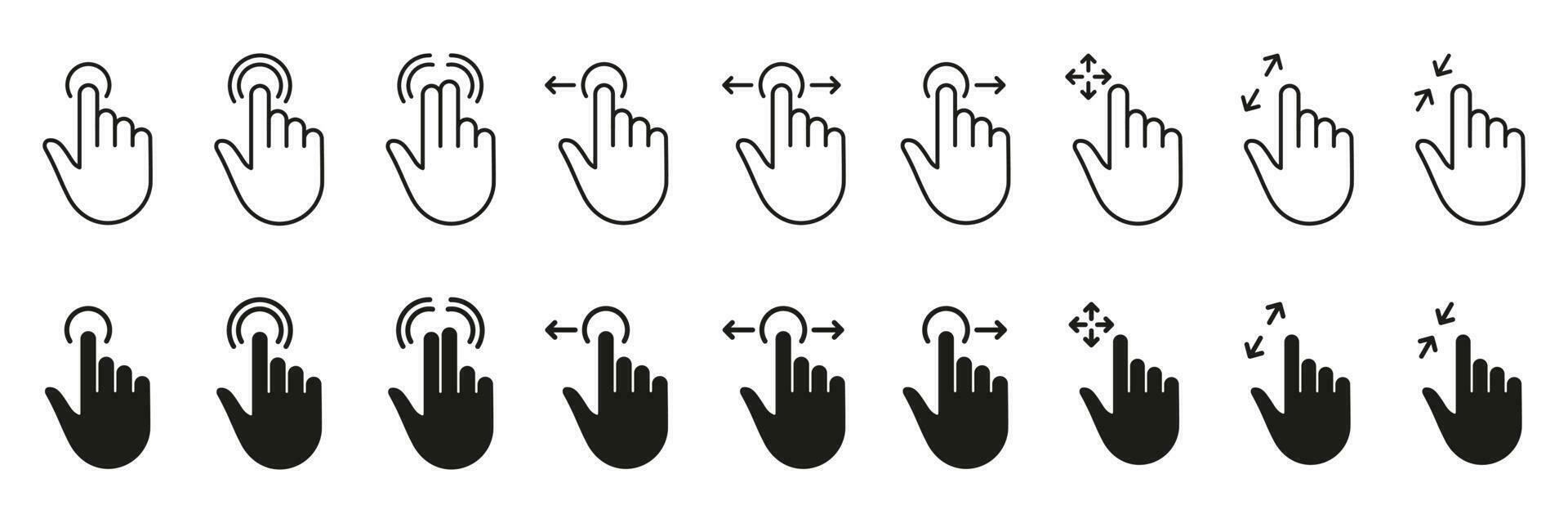 Computer Cursor, Pointer Icon Set. Hand with Finger Digital Mouse Click Line and Silhouette Sign ...