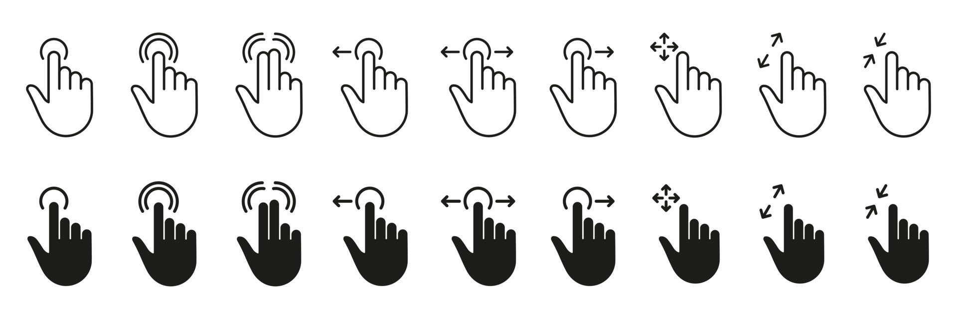 Computer Cursor, Pointer Icon Set. Hand with Finger Digital Mouse Click Line and Silhouette Sign ...