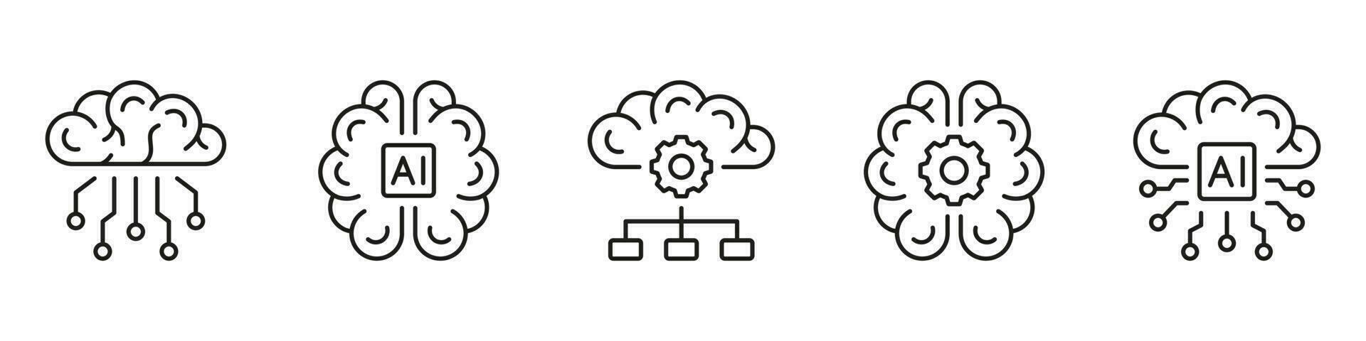 Artificial Intelligence Black Line Icon Set. Digital Brain and Tech Science Linear Pictogram ...