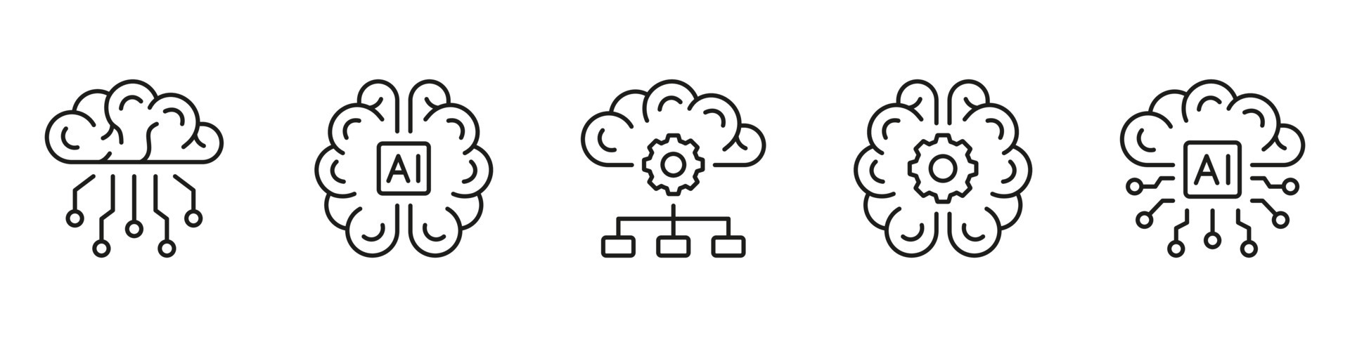 Artificial Intelligence Black Line Icon Set. Digital Brain and Tech ...