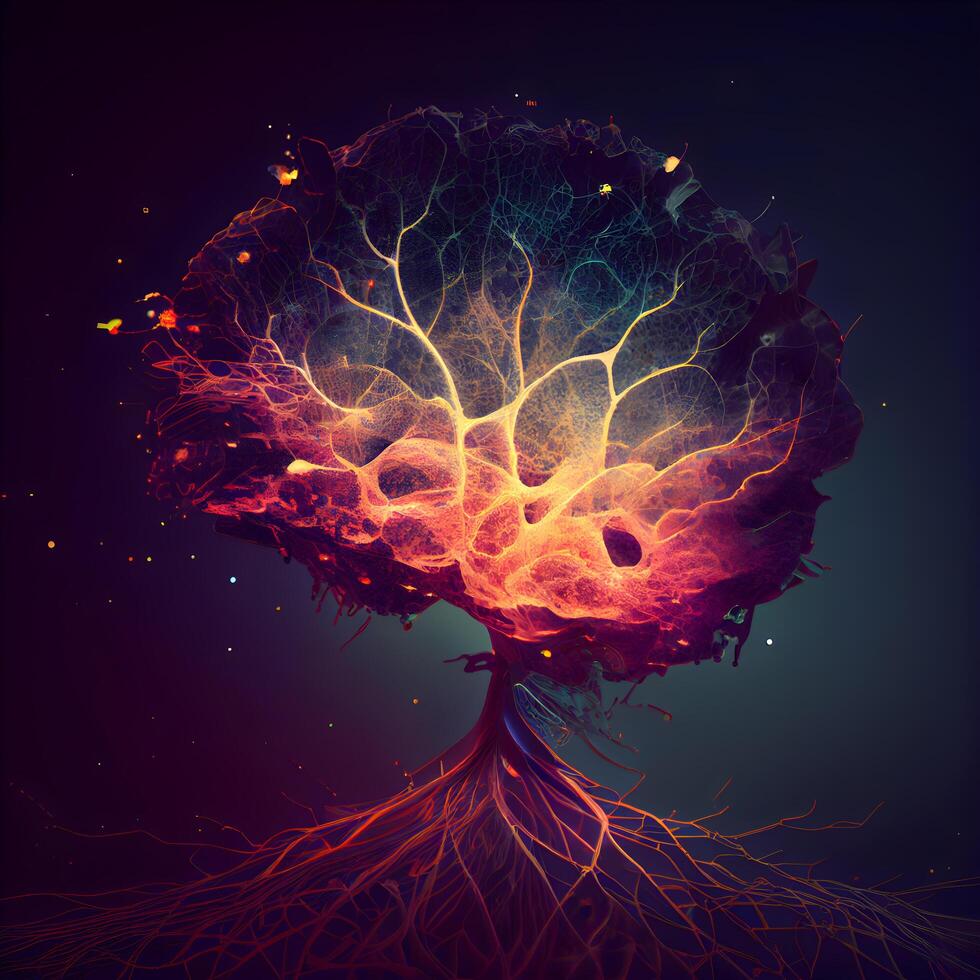 3d render, abstract tree with roots, digital art illustration., Image ...