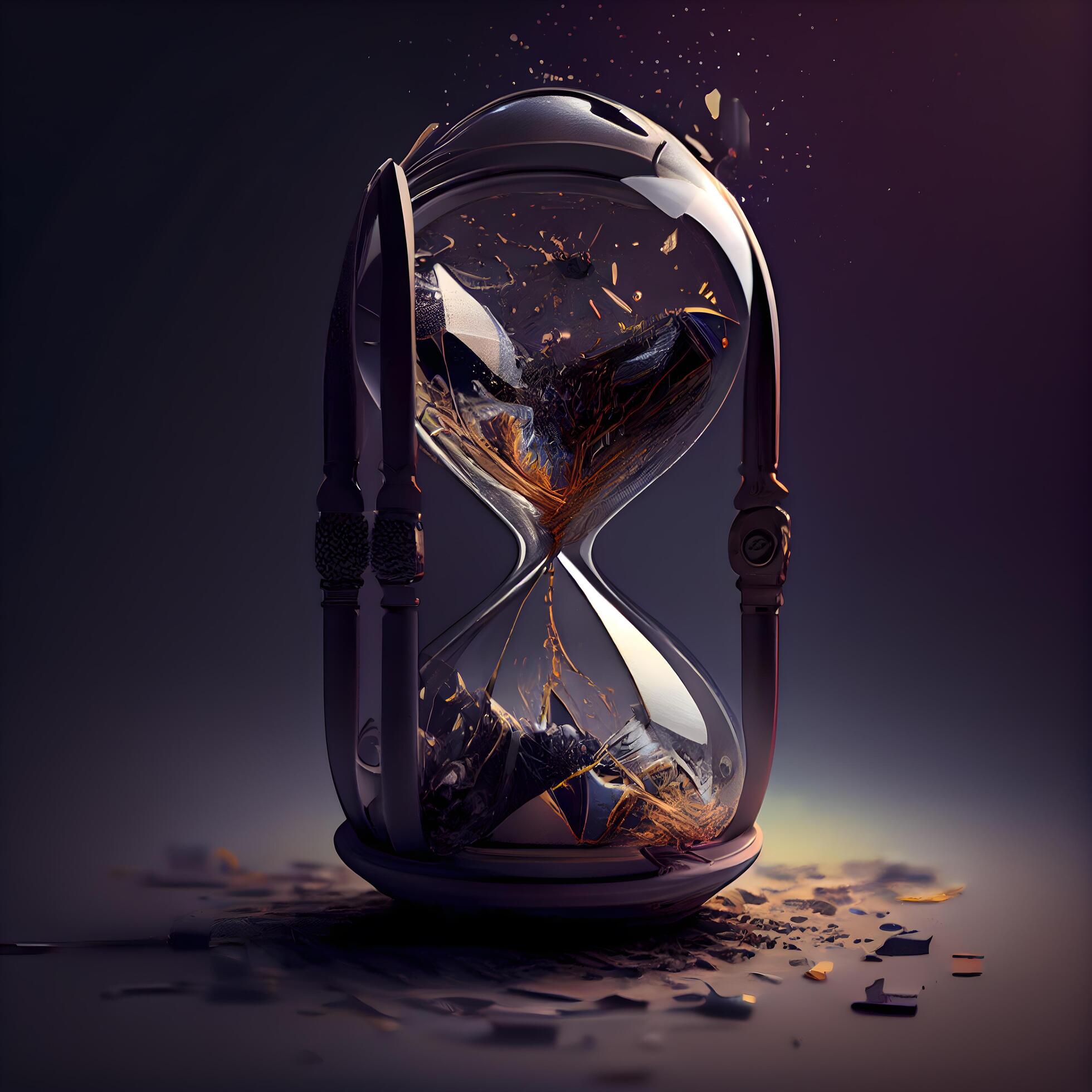 Hourglass with broken glass on dark background. 3D illustration., Image ... Hourglass with broken glass on dark background. 3D illustration., Image ...