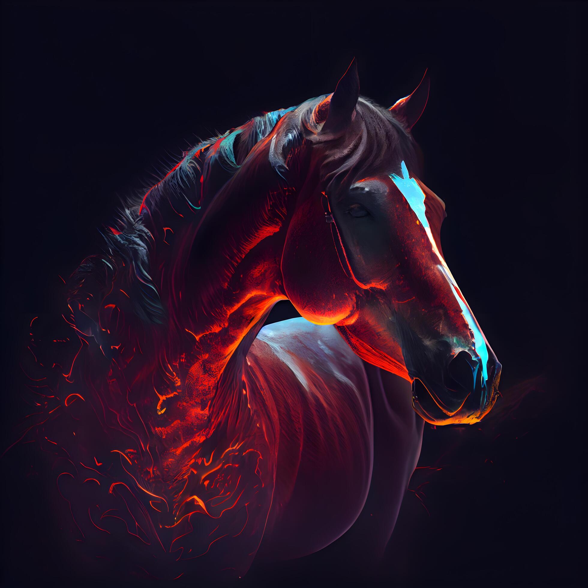 Beautiful horse portrait with fire effect on black background. Art ...