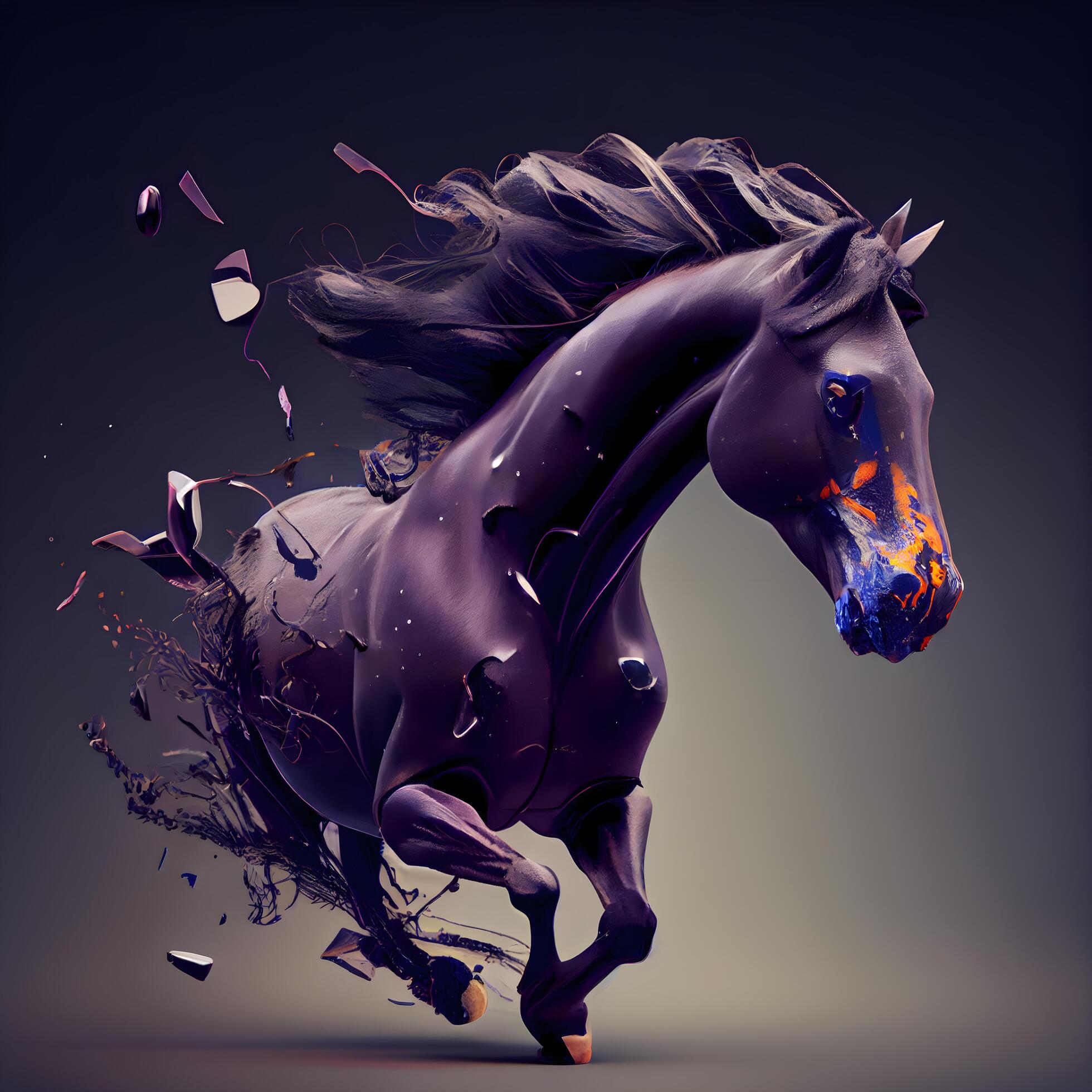 Black horse with splashes of paint on a dark background. 3d rendering ...