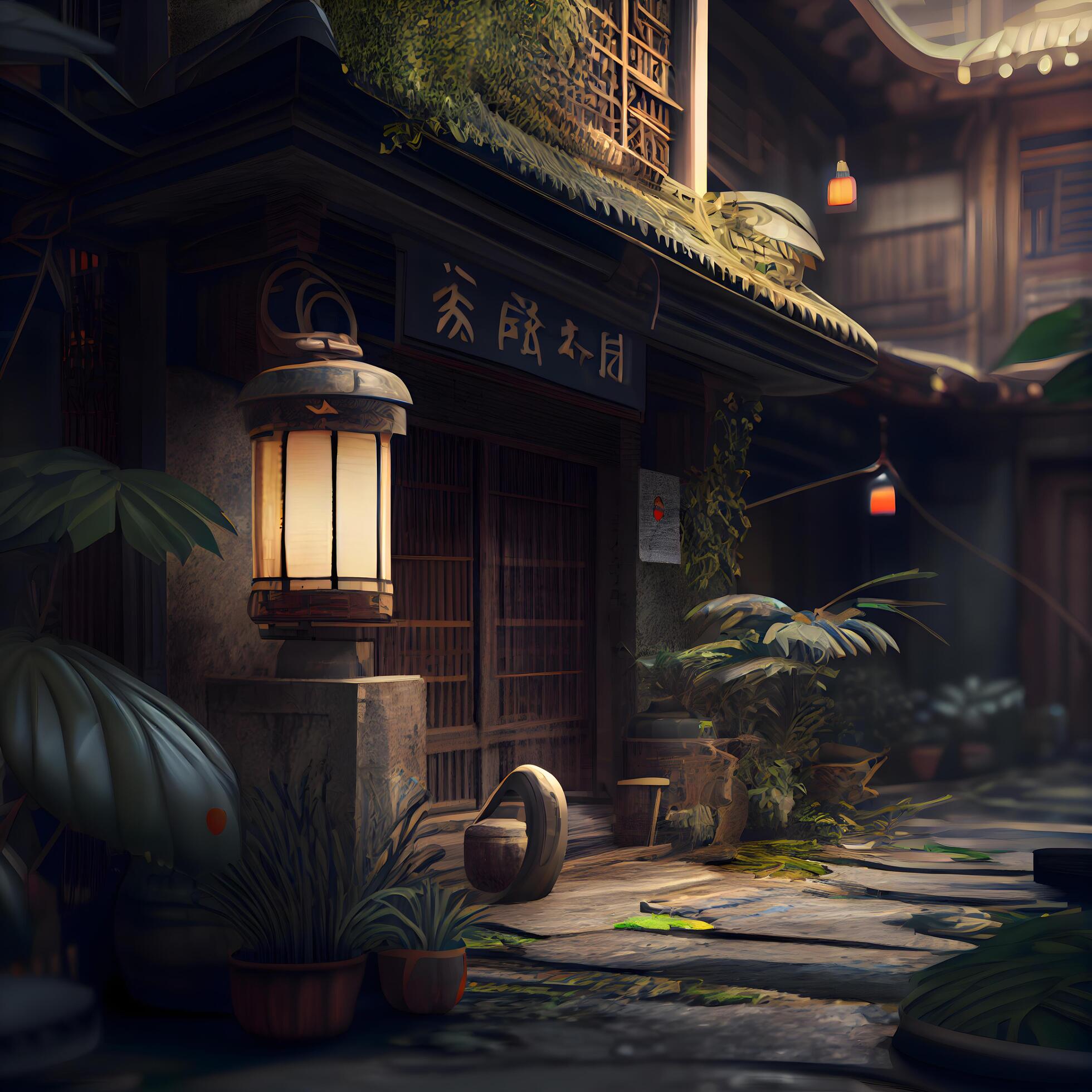 3D rendering of a Chinese traditional house with a lantern and plants ...