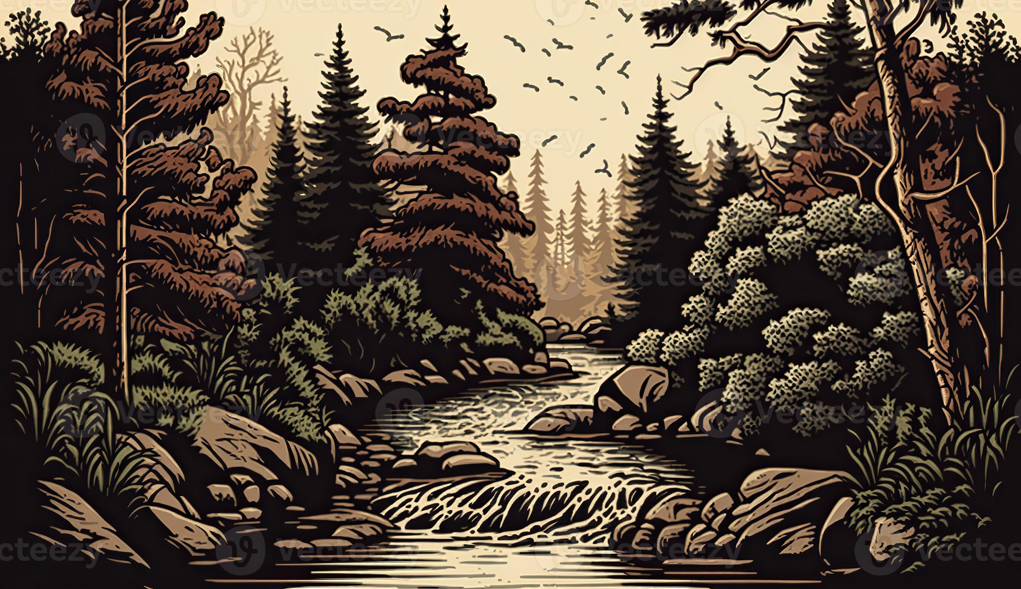 AI Generative. AI Generated. Mountain forest scene background landscape ...